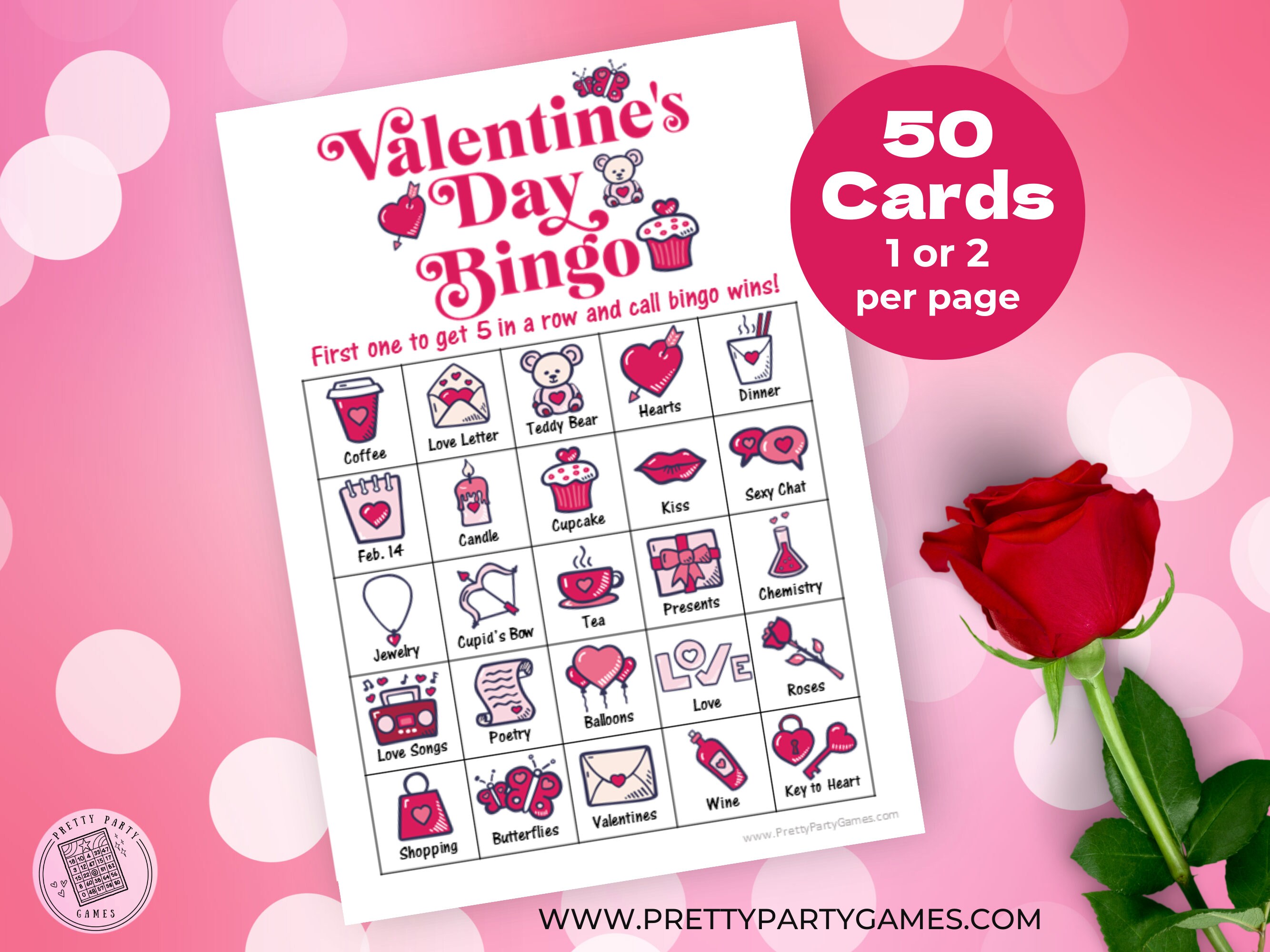 Printable Valentine Bingo Cards, Happy Valentines Day Bingo Game, 50 ...