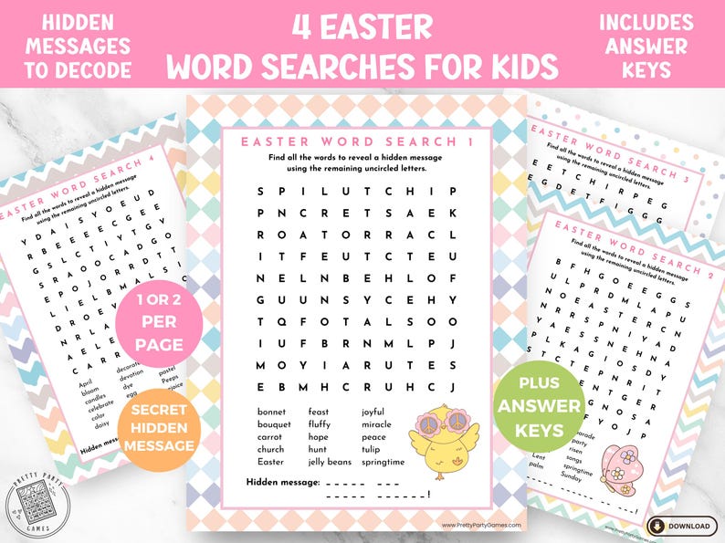 4 Printable Easter Word Search Puzzles, Word Search Party Game for Kids ...