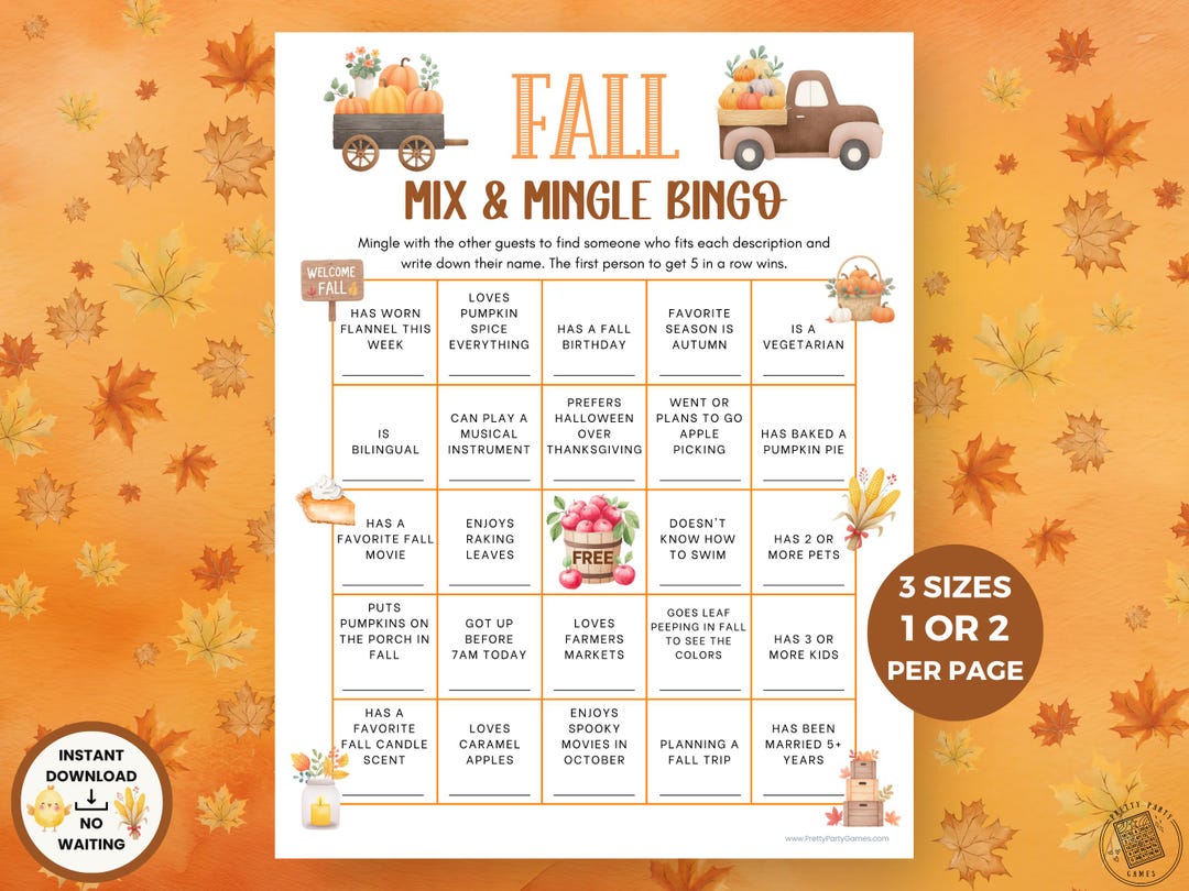 Fall Fling Mix and Mingle Bingo Printable, Autumn Office Party ...