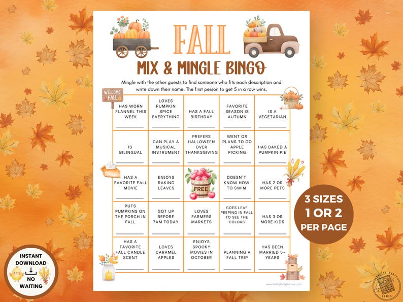 Fall Fling Mix and Mingle Bingo Printable, Autumn Office Party ...