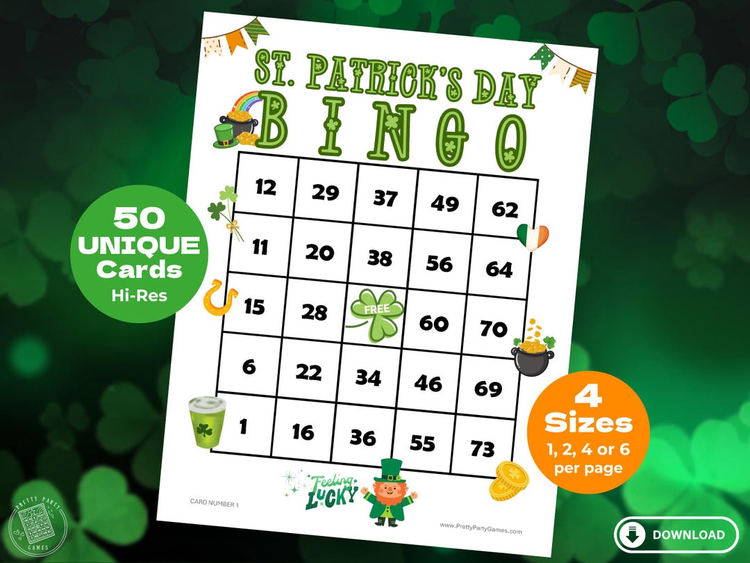 50 St. Patrick's Day Bingo Cards With Numbers, St Patricks Day Bingo ...