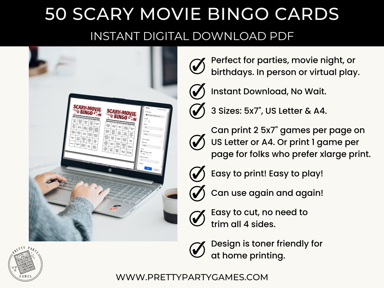 Scary Movie Bingo Game Printable, 50 Bingo Cards, Scary Party Games for ...
