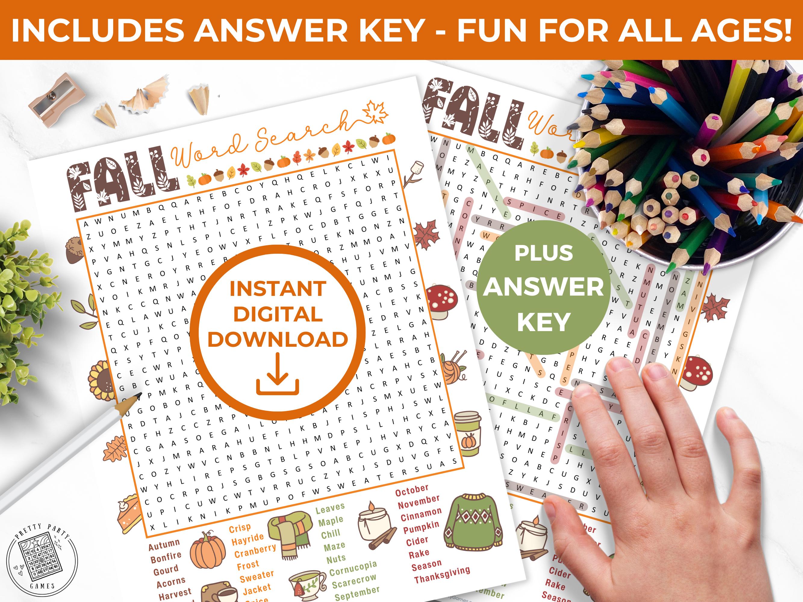 Fall Word Search Printable + Answer Key, Autumn Theme Wordsearch Puzzle ...