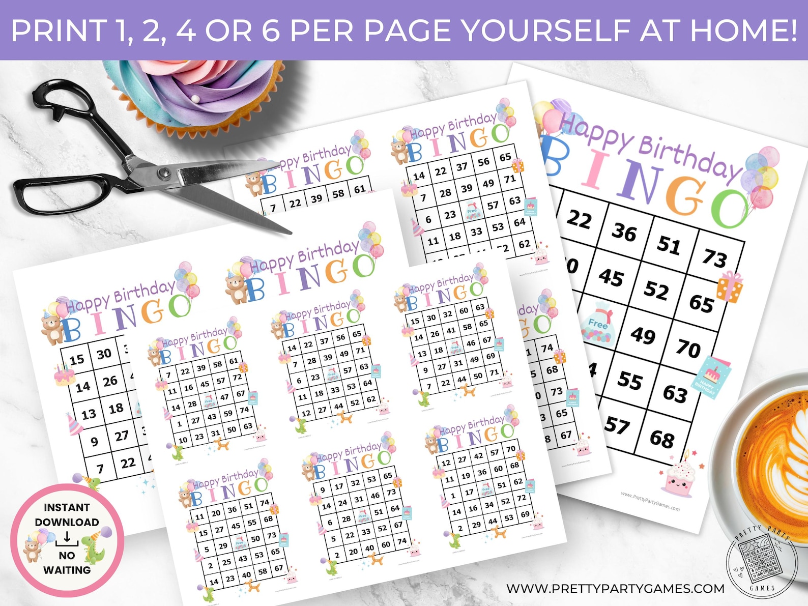 50 Printable Happy Birthday Bingo Cards With Numbers, Cute Kids Bingo ...