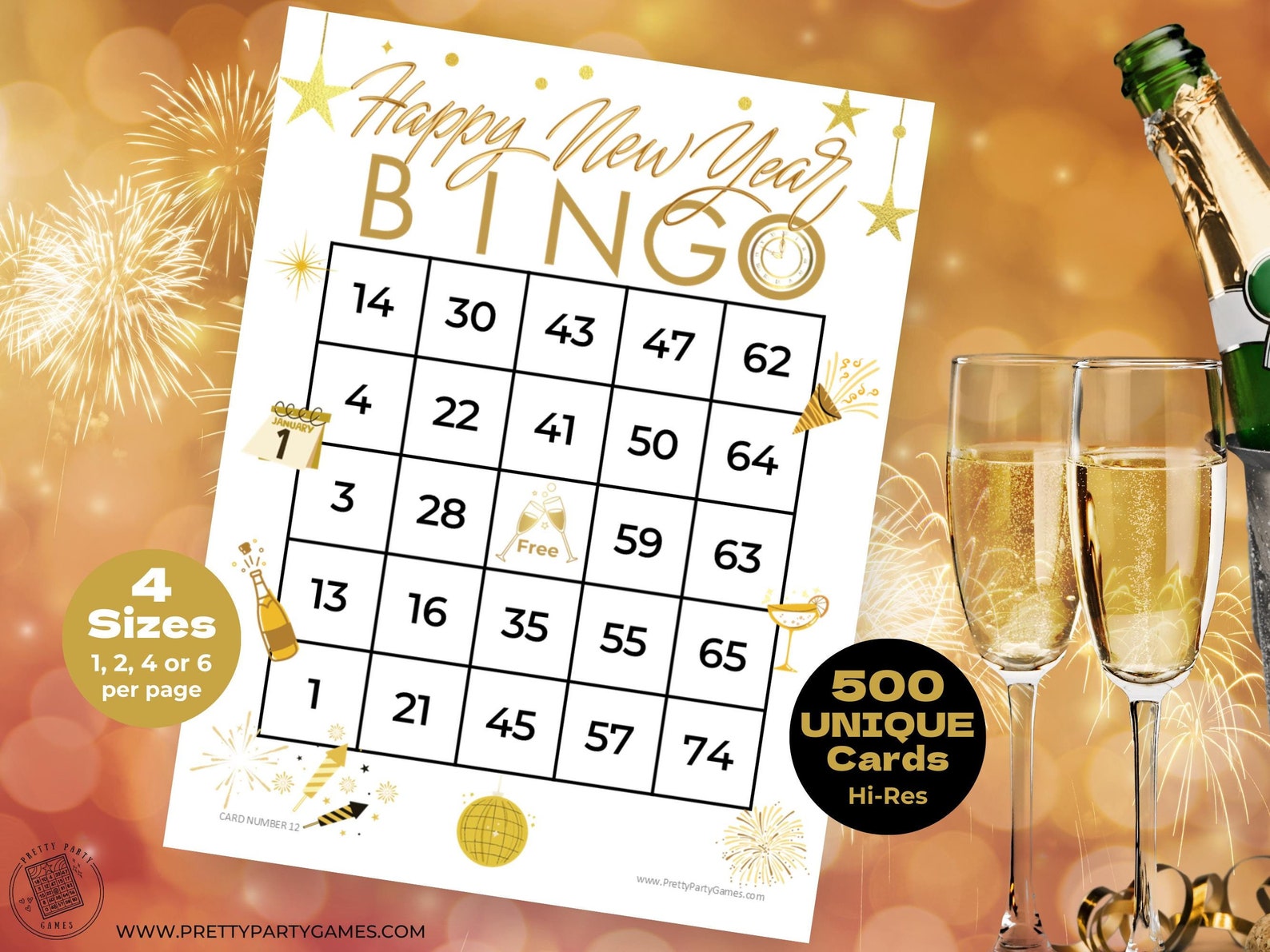 500 Printable New Years Eve Bingo Cards With Numbers, New Years Bingo ...