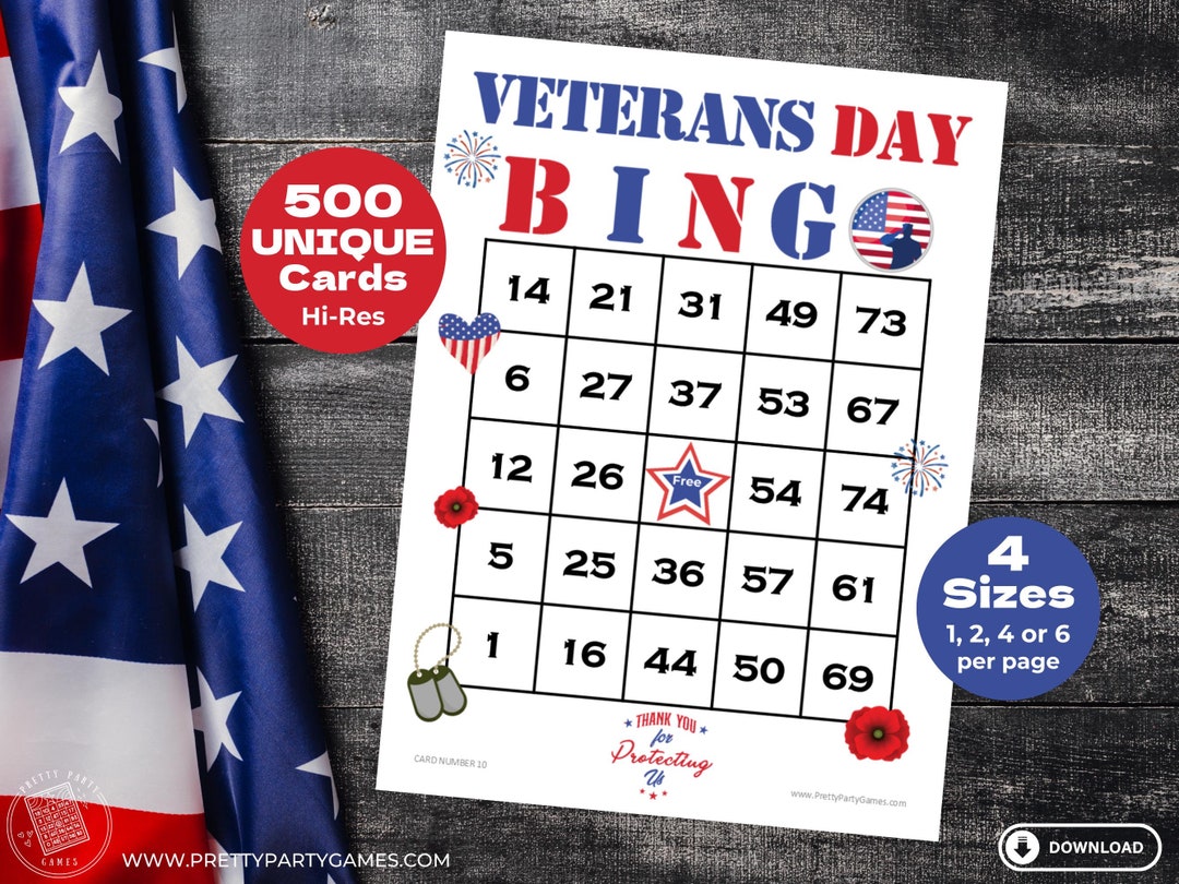500 Veterans Day Bingo Cards With Numbers, Patriotic Veterans Day Games ...