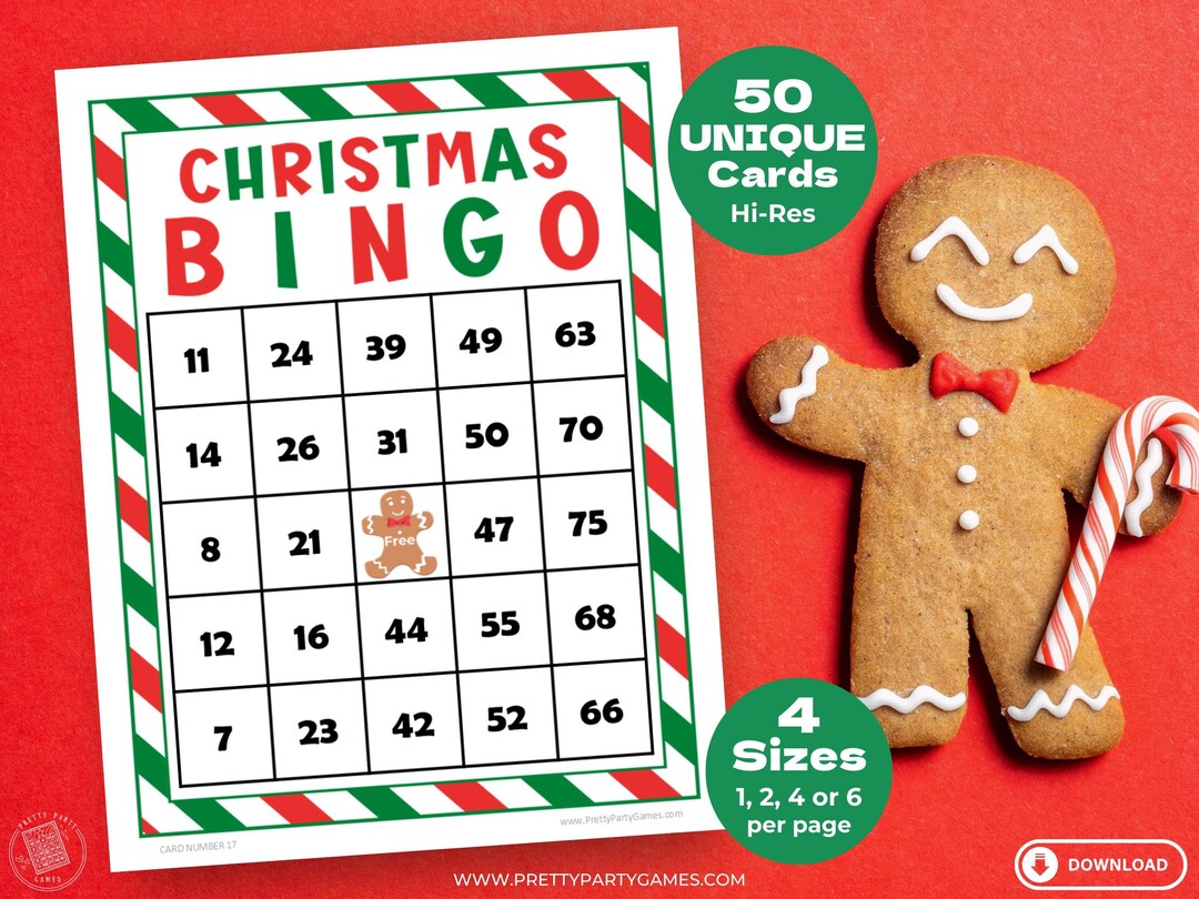 50 Red and Green Christmas Bingo Cards With Numbers, Fun Gingerbread ...
