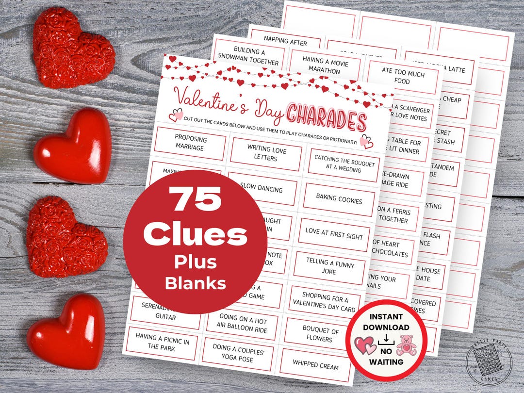 Valentines Day Printable Charades Cards, 75 Charades Words + Blank ...