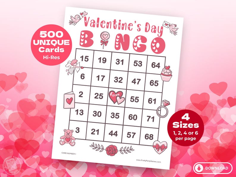 500 Valentines Day Bingo Cards With Numbers, Fun Printable Holiday ...