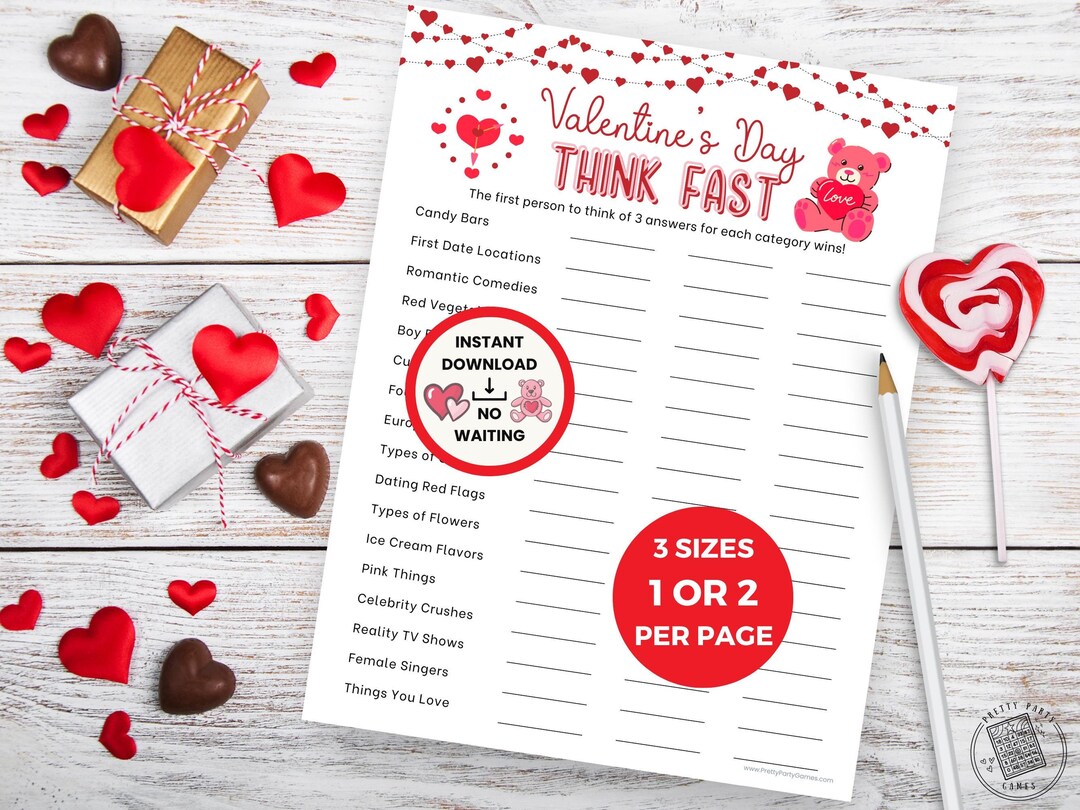 Valentines Day Think Fast Game, Valentines Party Games for Family or ...