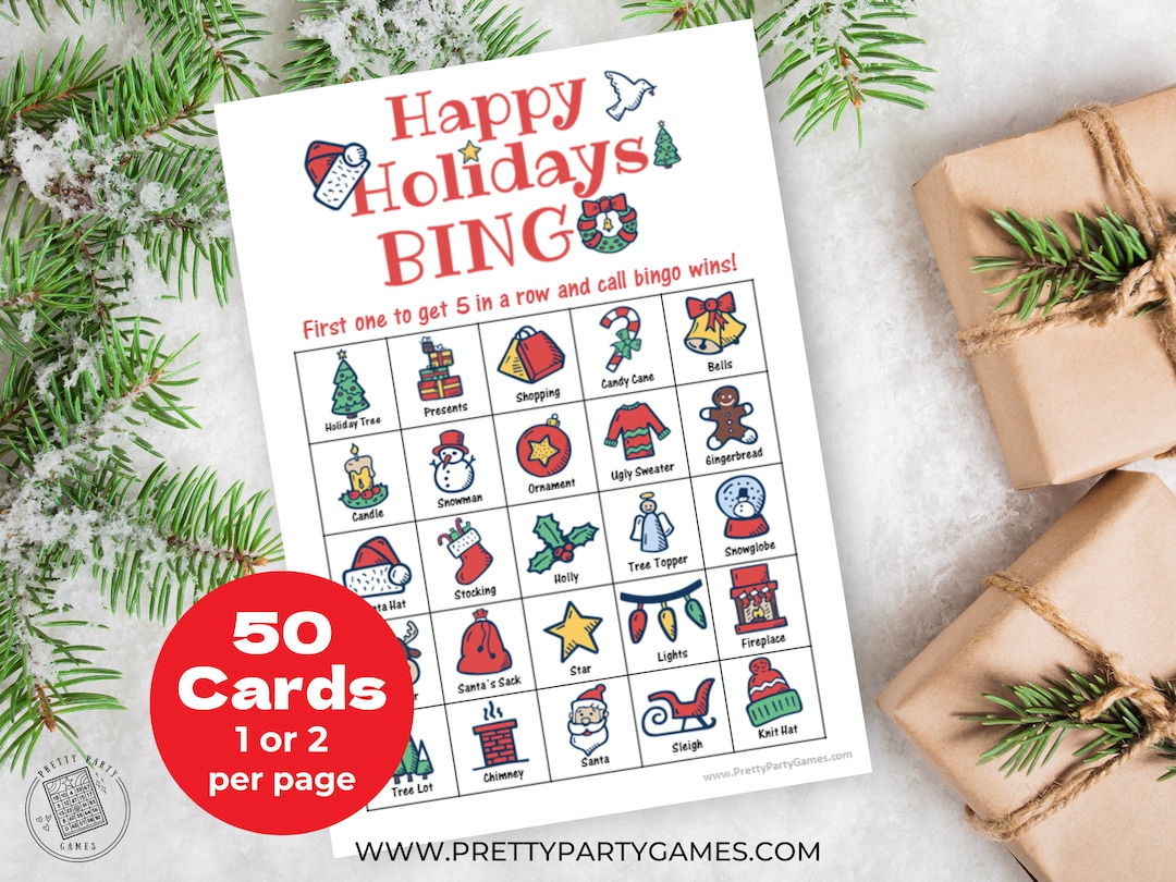 50 Printable Happy Holidays Bingo Cards, Holiday Bingo With Pictures ...