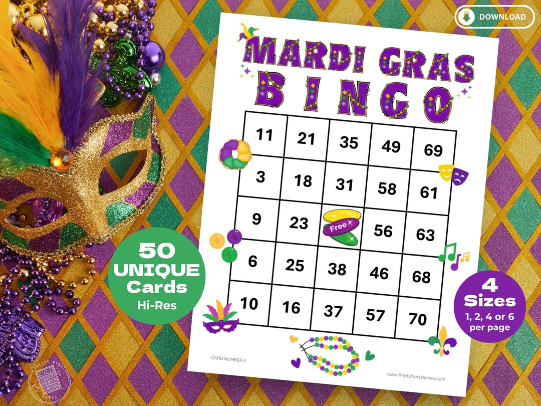50 Printable Mardi Gras Bingo Cards With Numbers, Fat Tuesday Printable ...