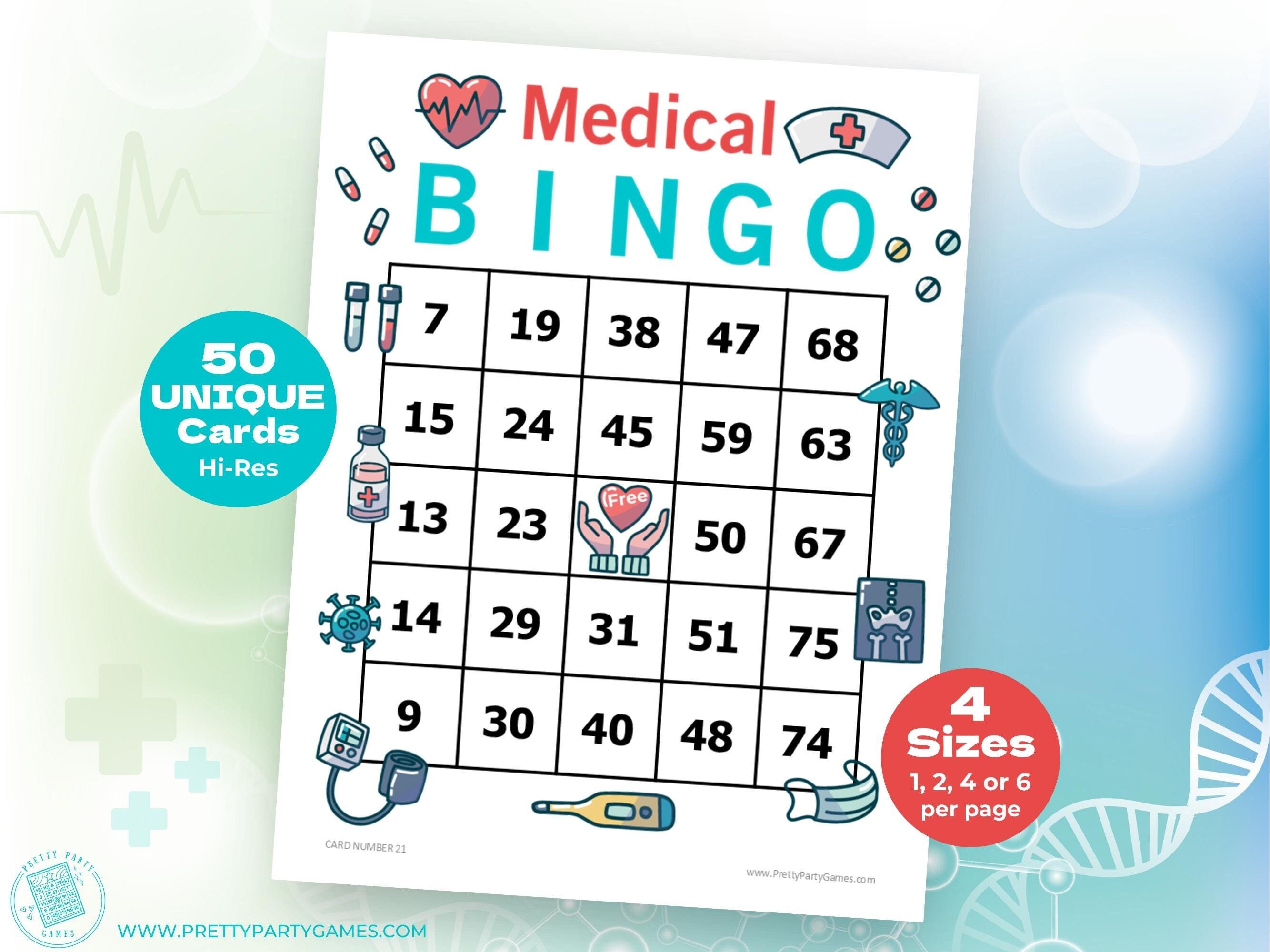 50 Printable Medical Bingo Cards With Numbers, Health Bingo for Nurse ...