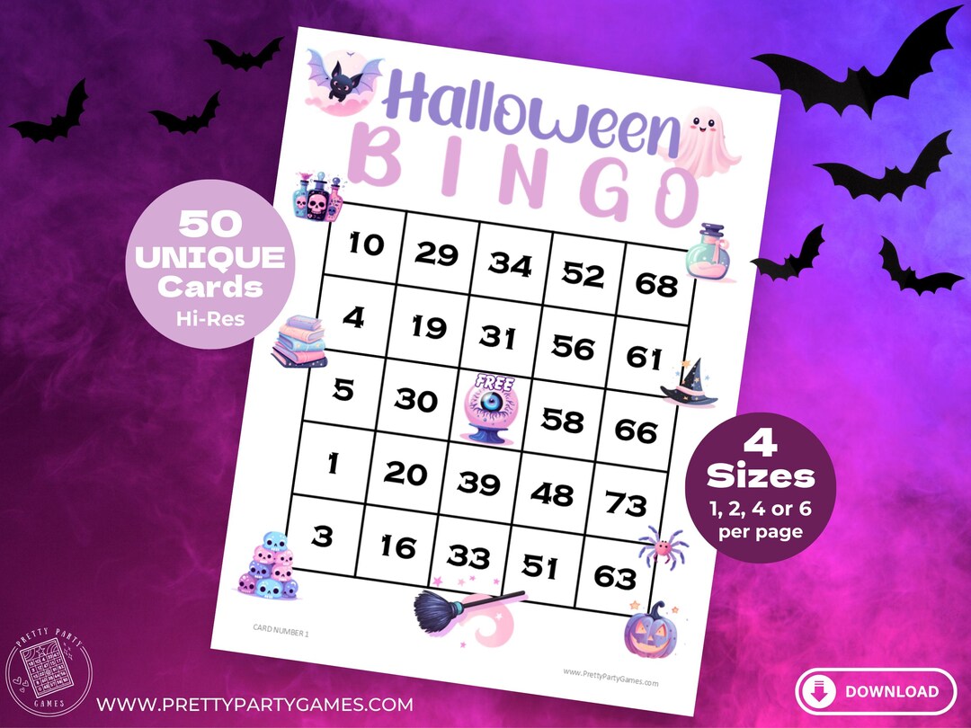 50 Witchy Pink Halloween Bingo Cards With Numbers, Printable Party ...
