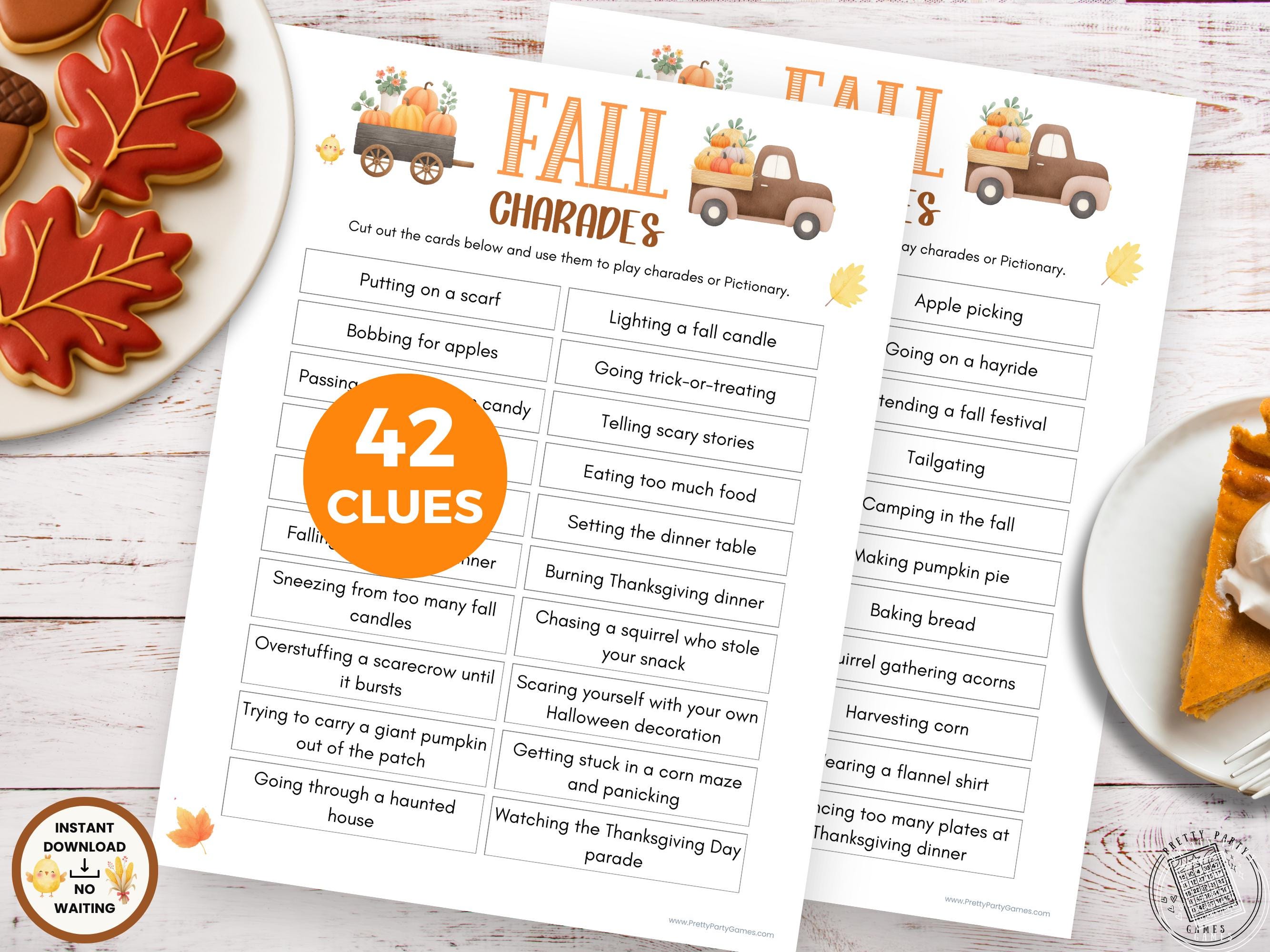 Fall Charades Game Clues Printable, Autumn Team Building Charades ...