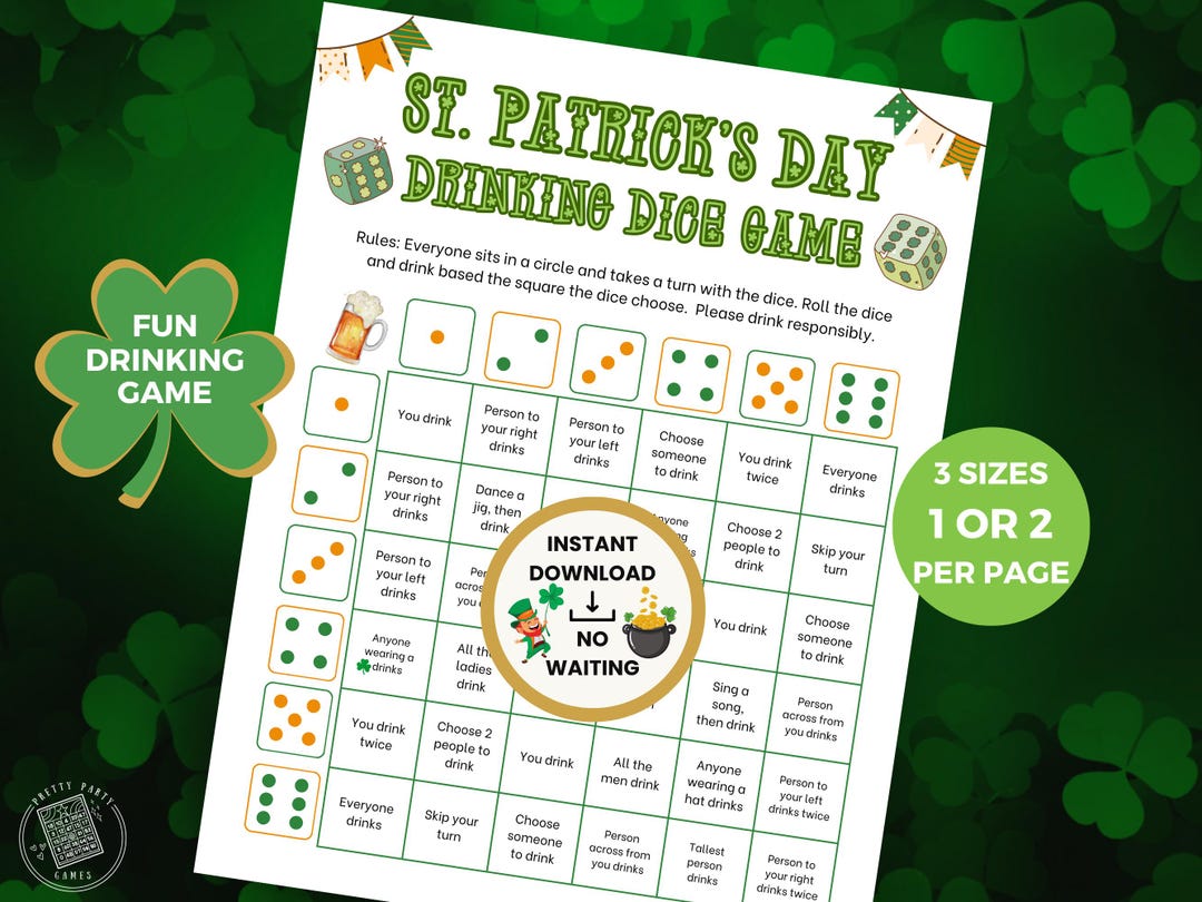 St. Patrick's Day Drunk Dice Game, Printable Party Drinking Game, Adult ...