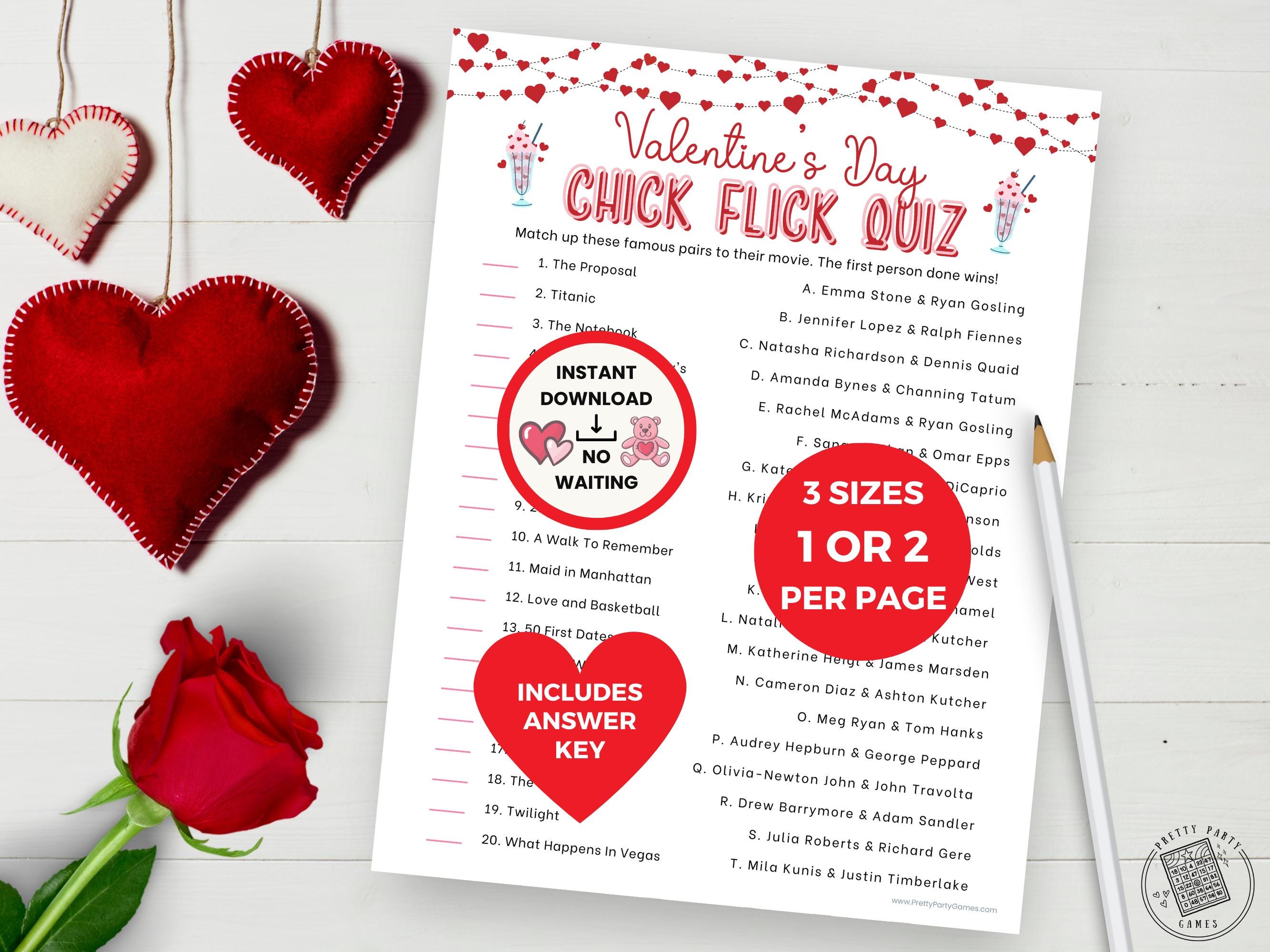 Valentines Day Trivia Chick Flick Quiz, Fun Valentines Party Game ...