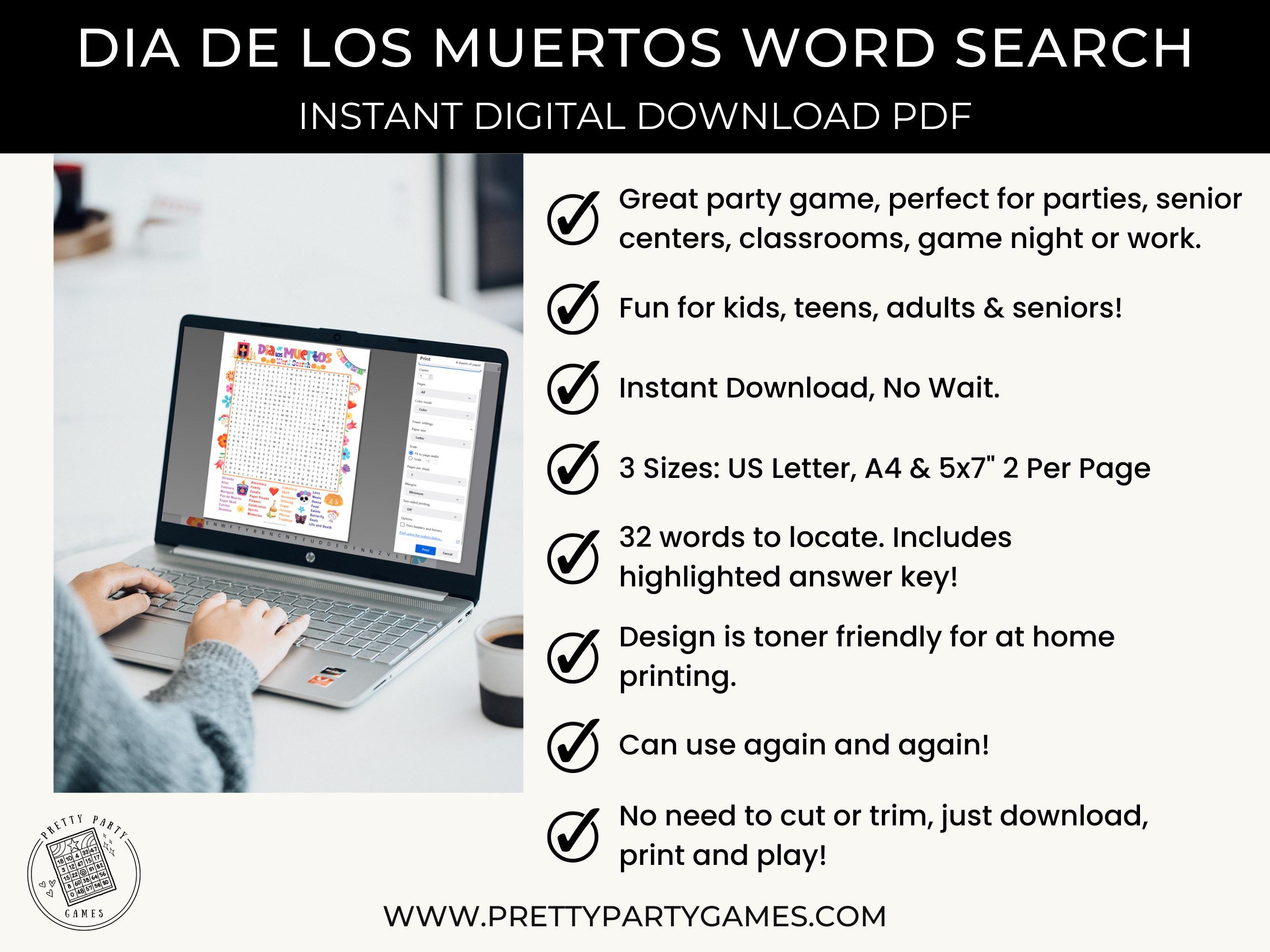 Dia De Los Muertos Word Search Puzzle, Printable Party Games for Kids ...