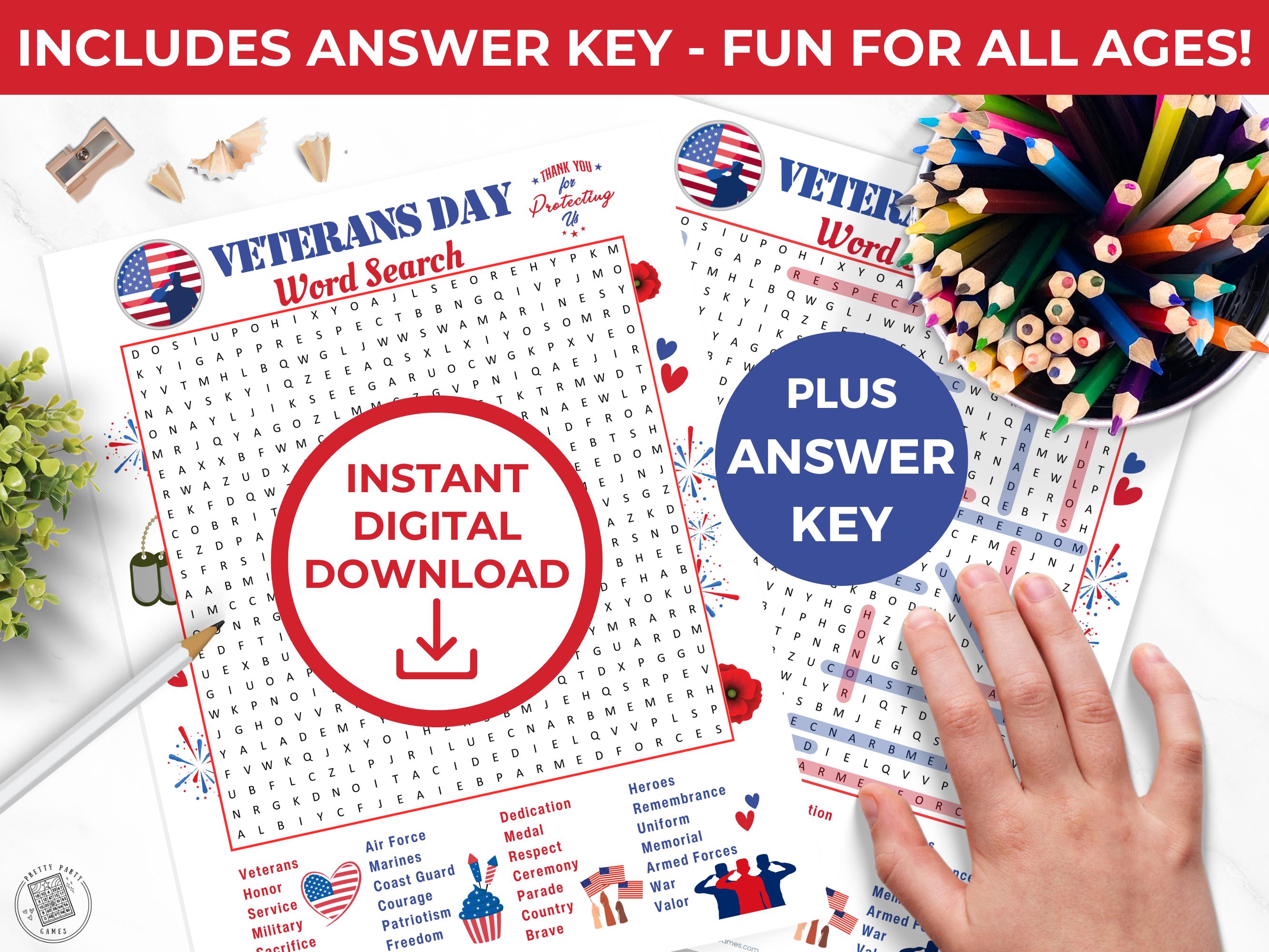 Veterans Day Word Search Puzzle and Solution, Printable Party Games for ...