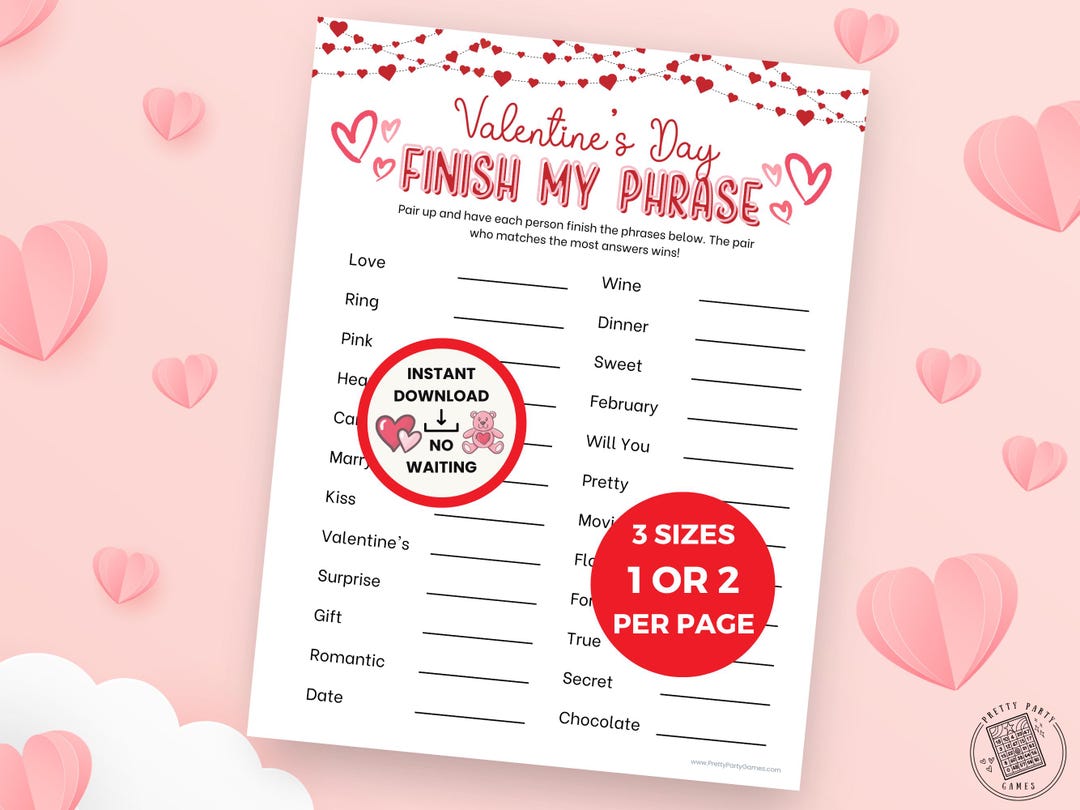 Valentines Day Finish My Phrase Game, Fun Valentines Party Games, Games ...