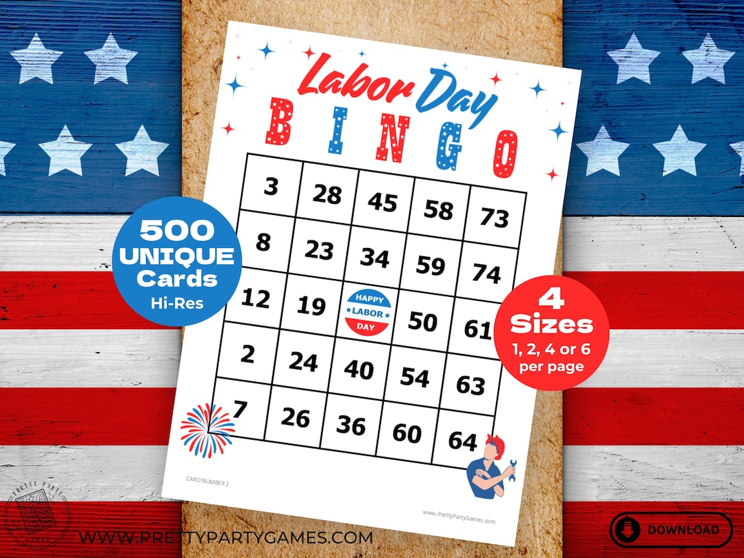 500 Labor Day Bingo Cards With Numbers, 4 Sizes: 1, 2, 4 or 6 per Page ...