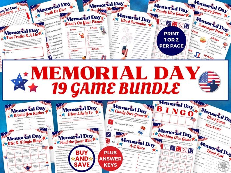 Memorial Day Game Bundle for Adults & Kids, 19 Printable Party Games ...