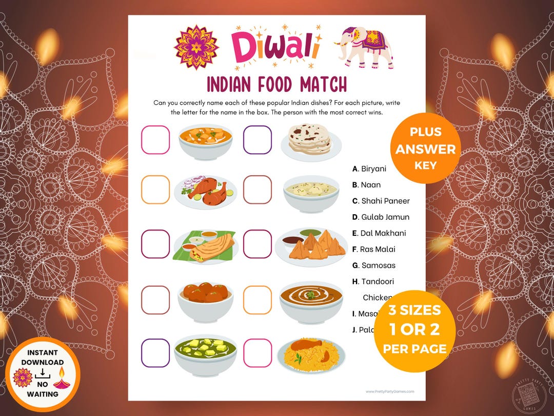 Indian Food Match Game, Printable Diwali Trivia Game for Kids, Festival ...