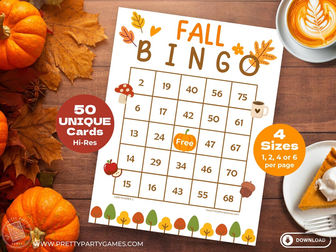 50 Fall Bingo Cards With Numbers, Autumn Printable Party Games, Cute ...