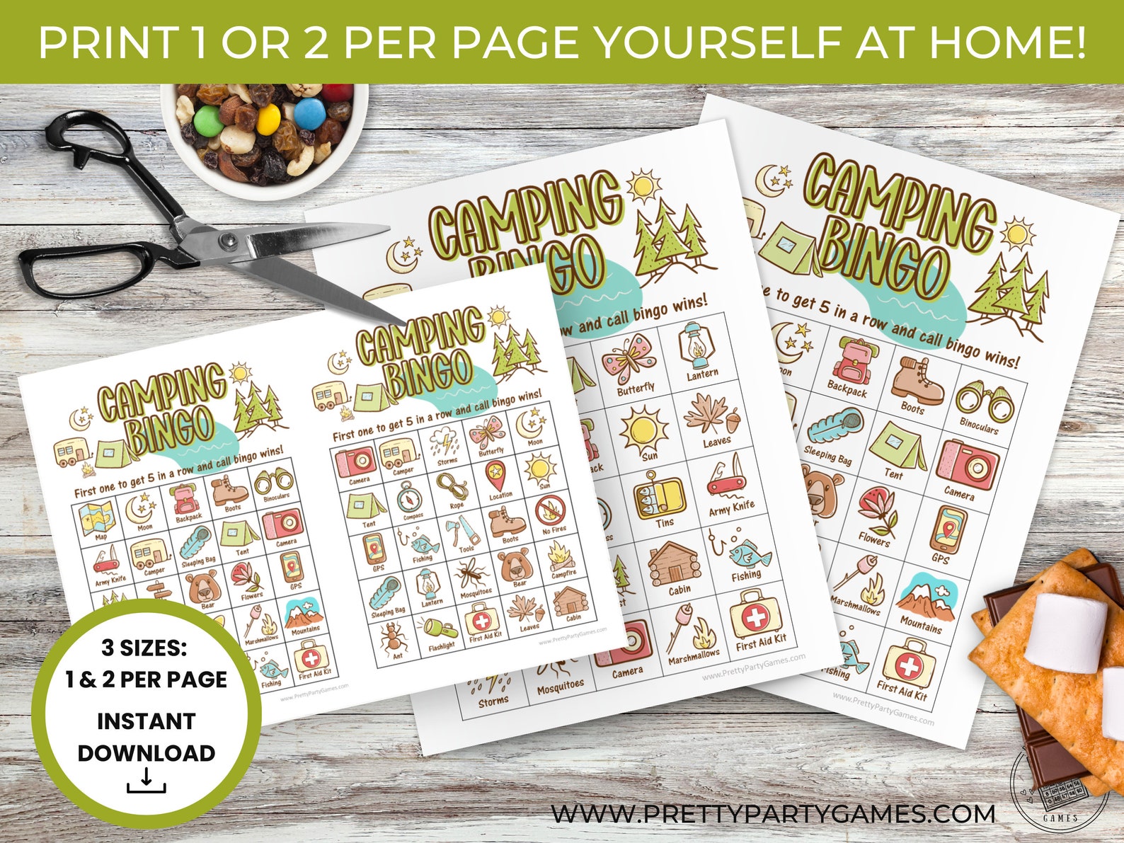 50 Camping Bingo Cards, Bingo Game Printable, Summer Camping Trip ...