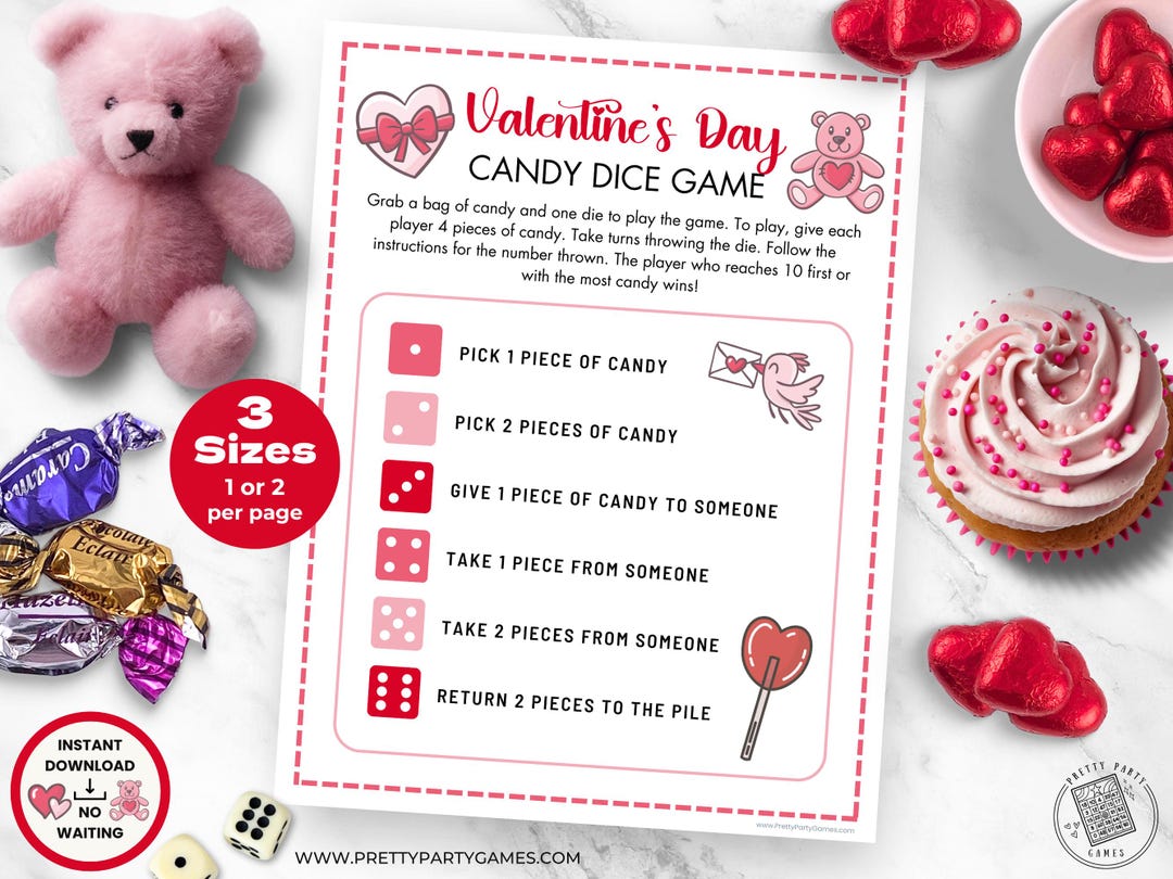 Valentine Candy Dice Game Printable, Valentine's Day Party Game for ...