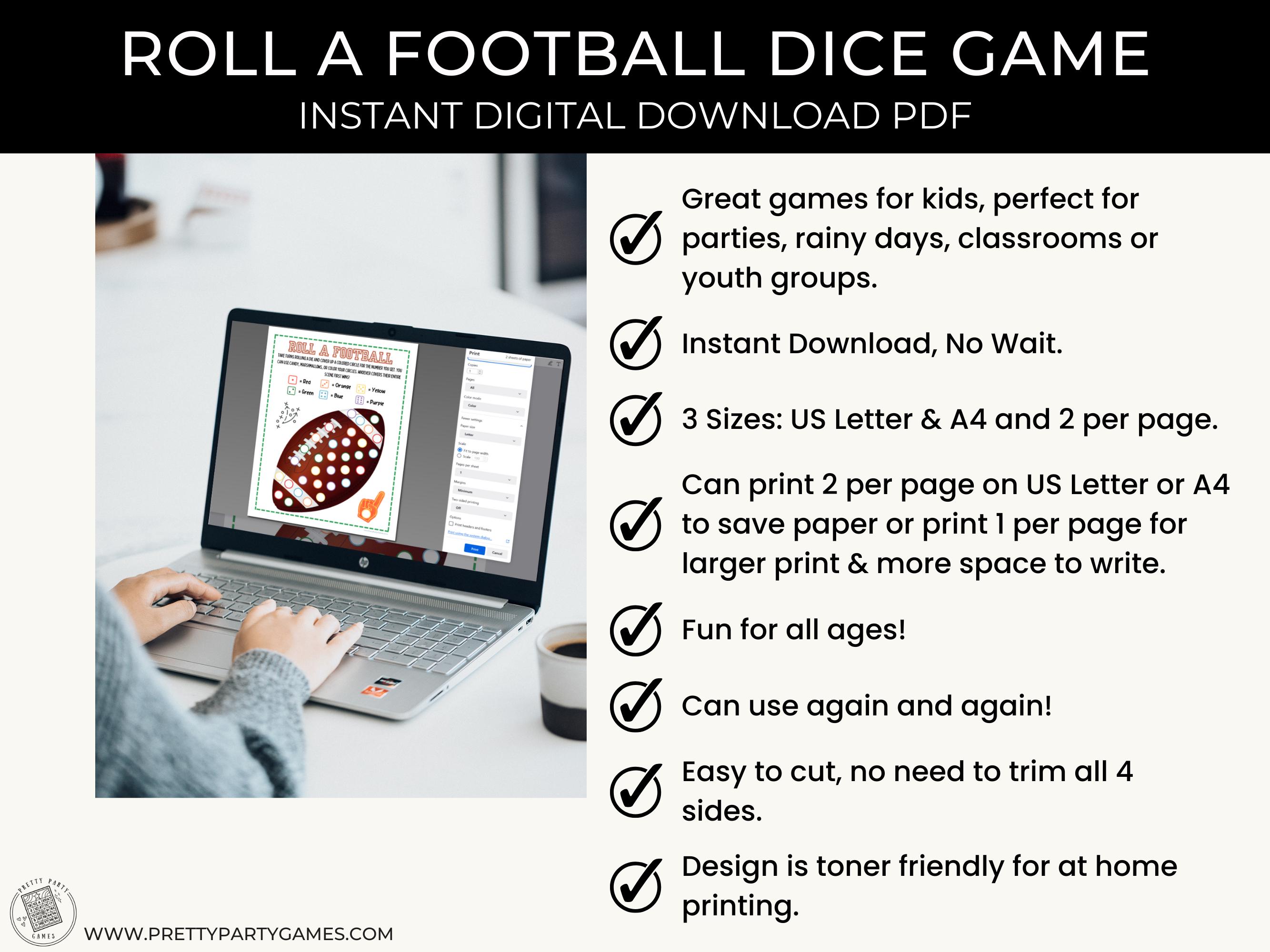 Football Roll A Dice Printable Party Game, Sports Candy Dice Games for ...