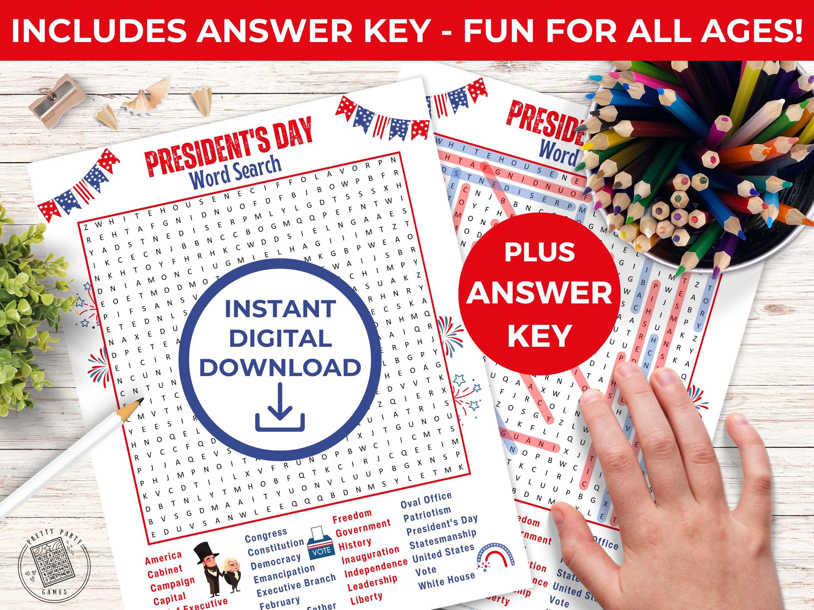 Presidents Day Printable Word Search for Kids & Adults Answer Key ...