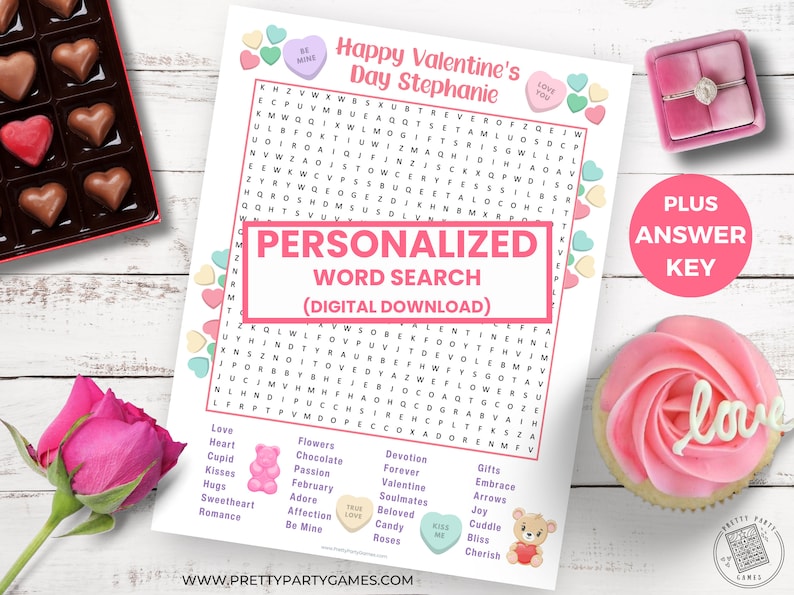 PERSONALIZED Valentine Word Search Printable Game Answer Key, Unique ...