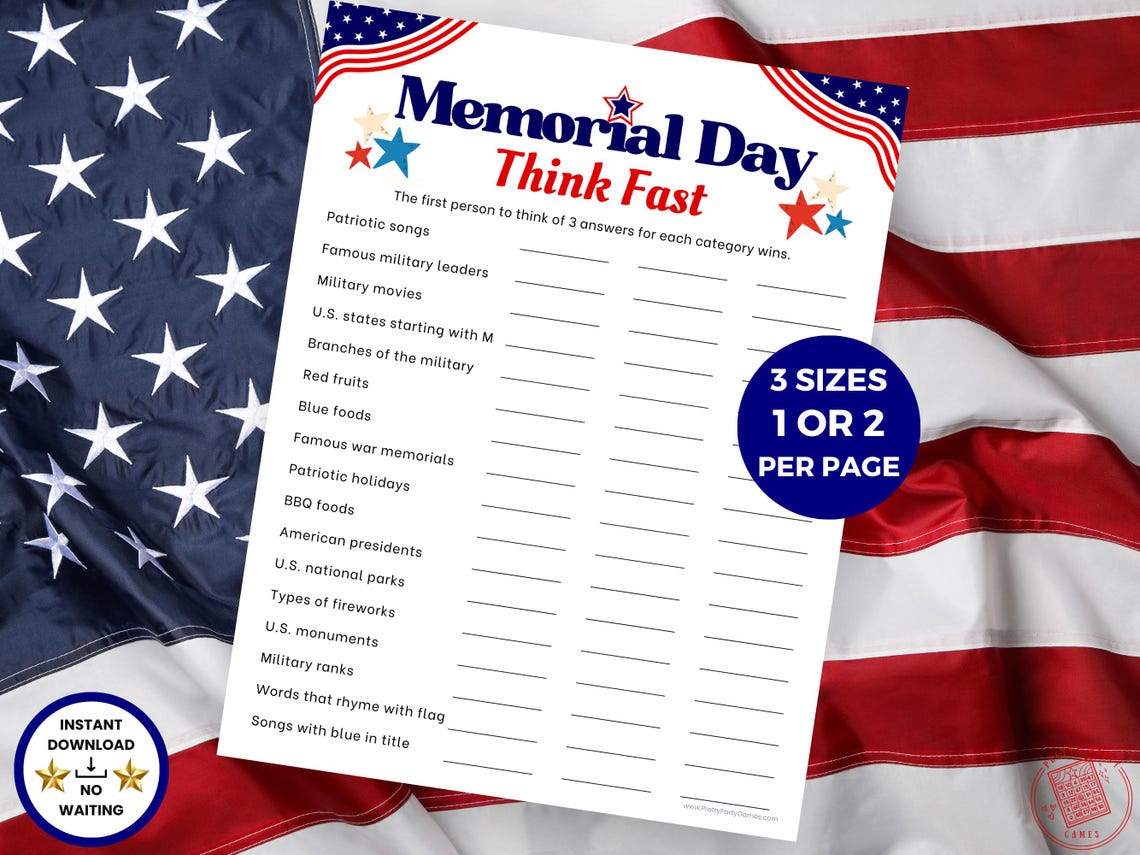 Memorial Day Think Fast Game, Printable Party Games, Quick Games for ...