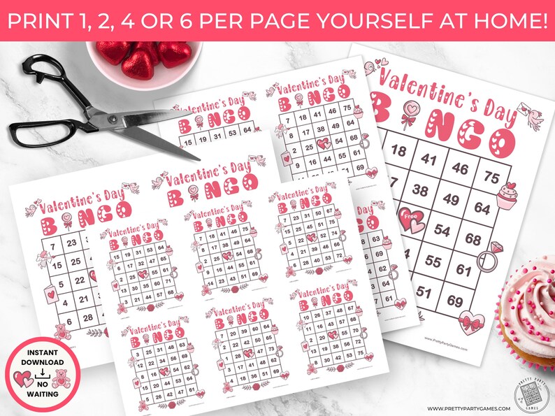 50 Printable Valentines Day Bingo Cards With Numbers, Classroom Holiday ...