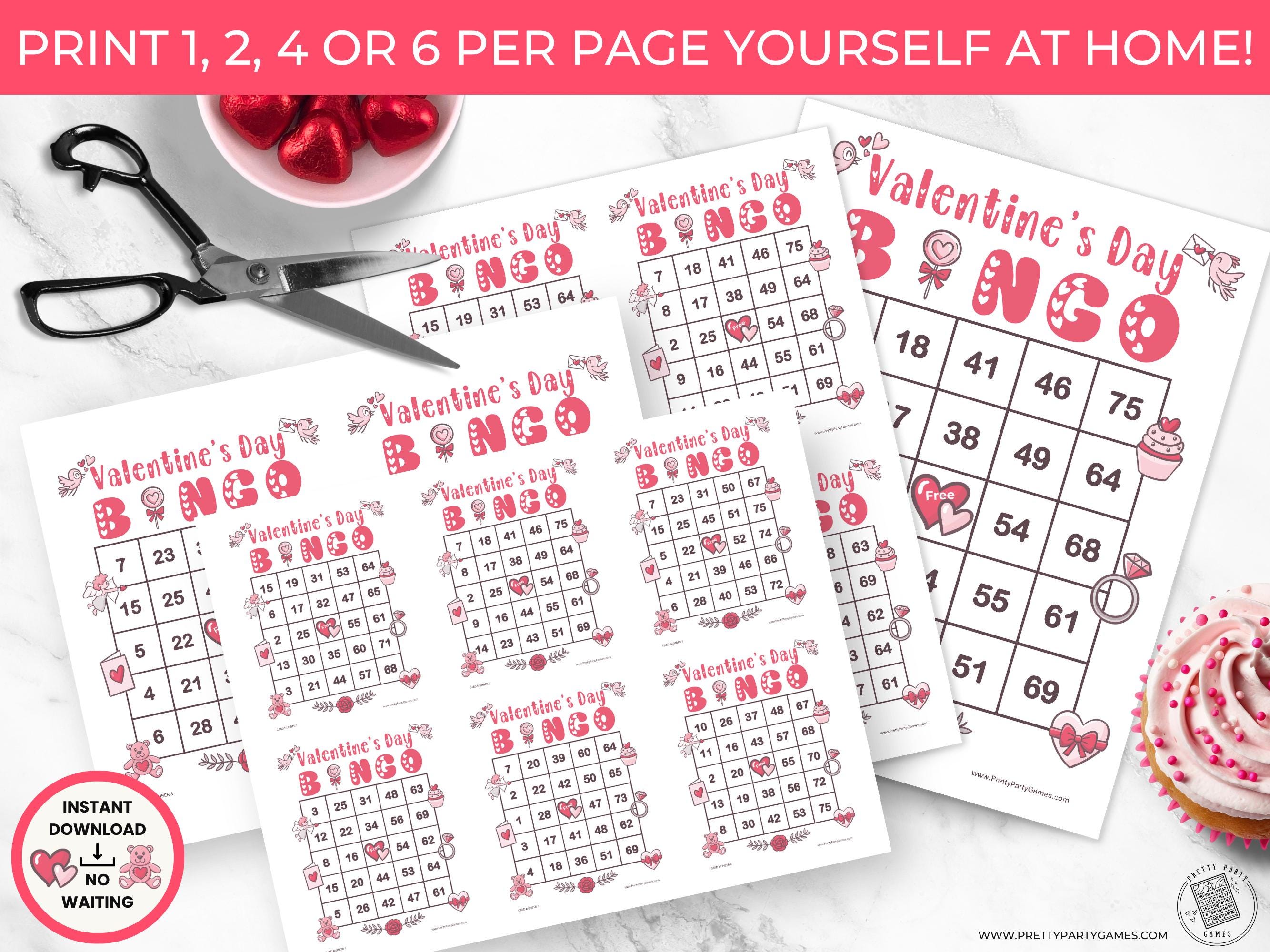 50 Printable Valentines Day Bingo Cards With Numbers, Classroom Holiday ...