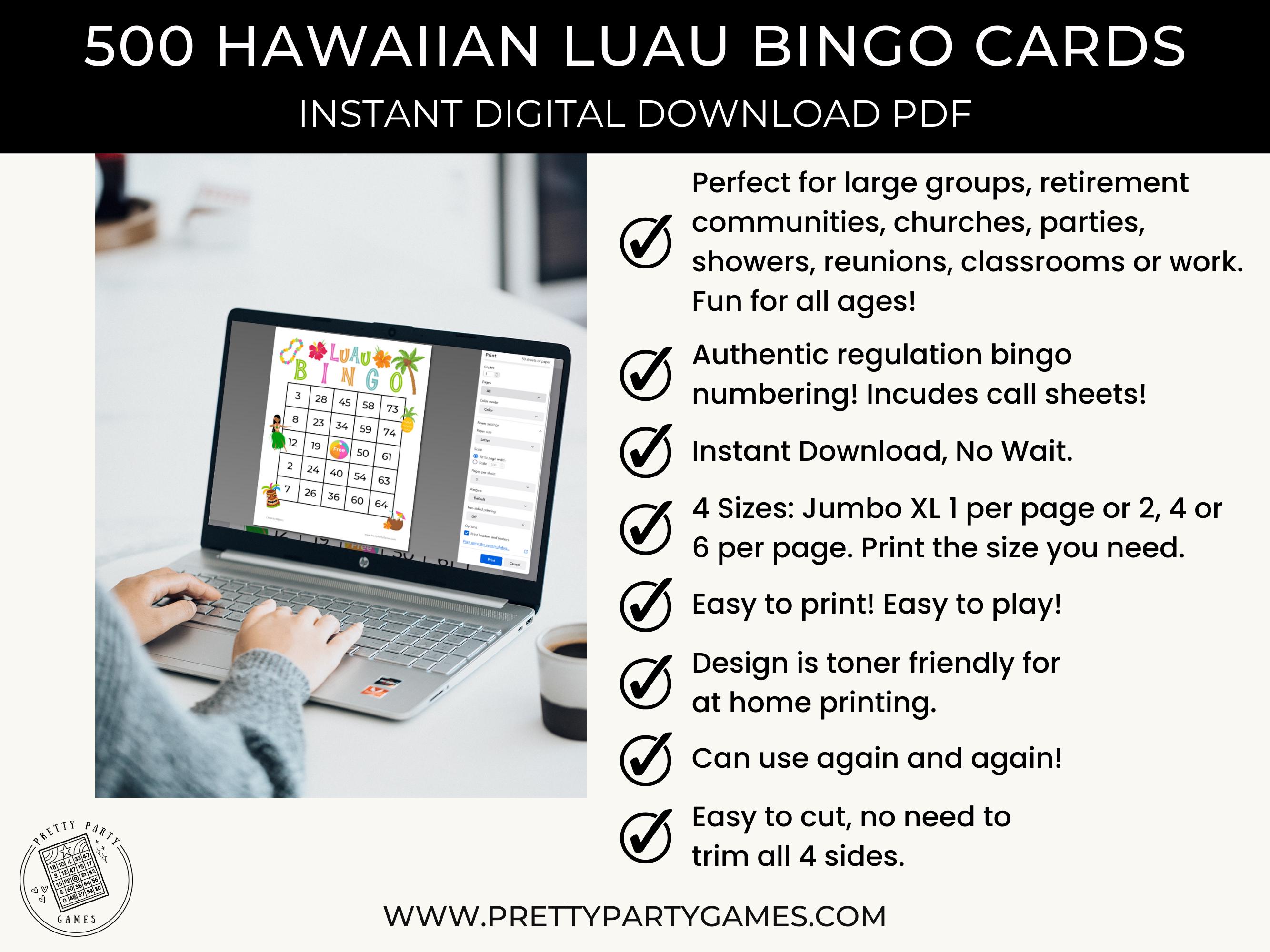 500 Luau Themed Bingo Cards, Tropical Printable Party Games, Aloha ...