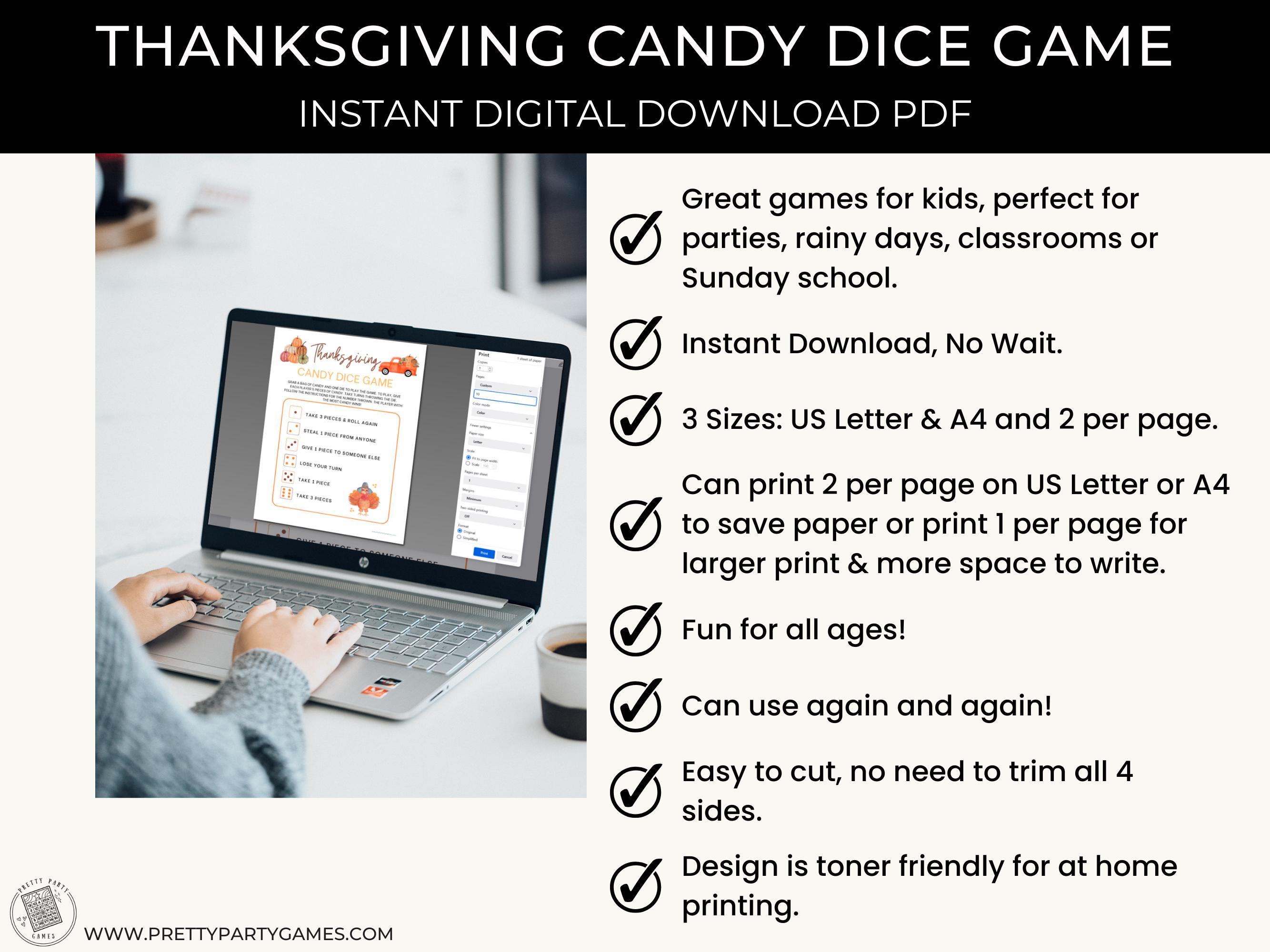 Thanksgiving Candy Dice Game for Kids, Holiday Classroom Games, Family ...