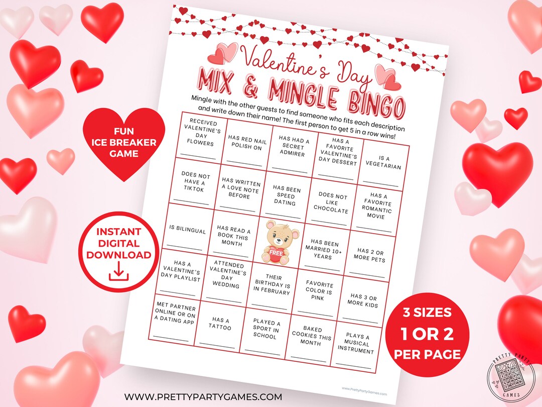Valentines Day Mix & Mingle Bingo, Fun Valentines Party Games ...