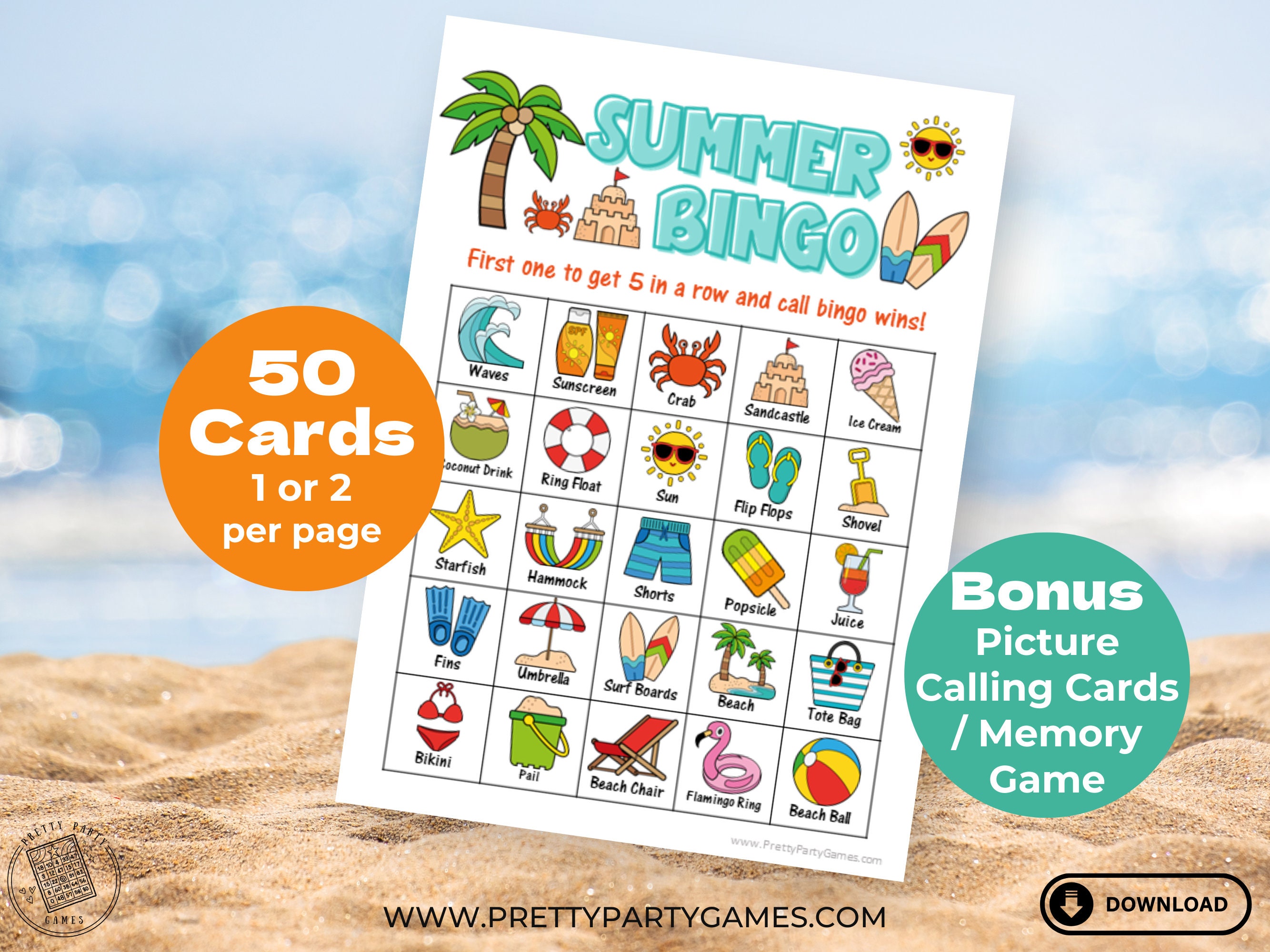 50 Beach Party Bingo Cards, Pool Party Bingo Game Printable, Summer ...