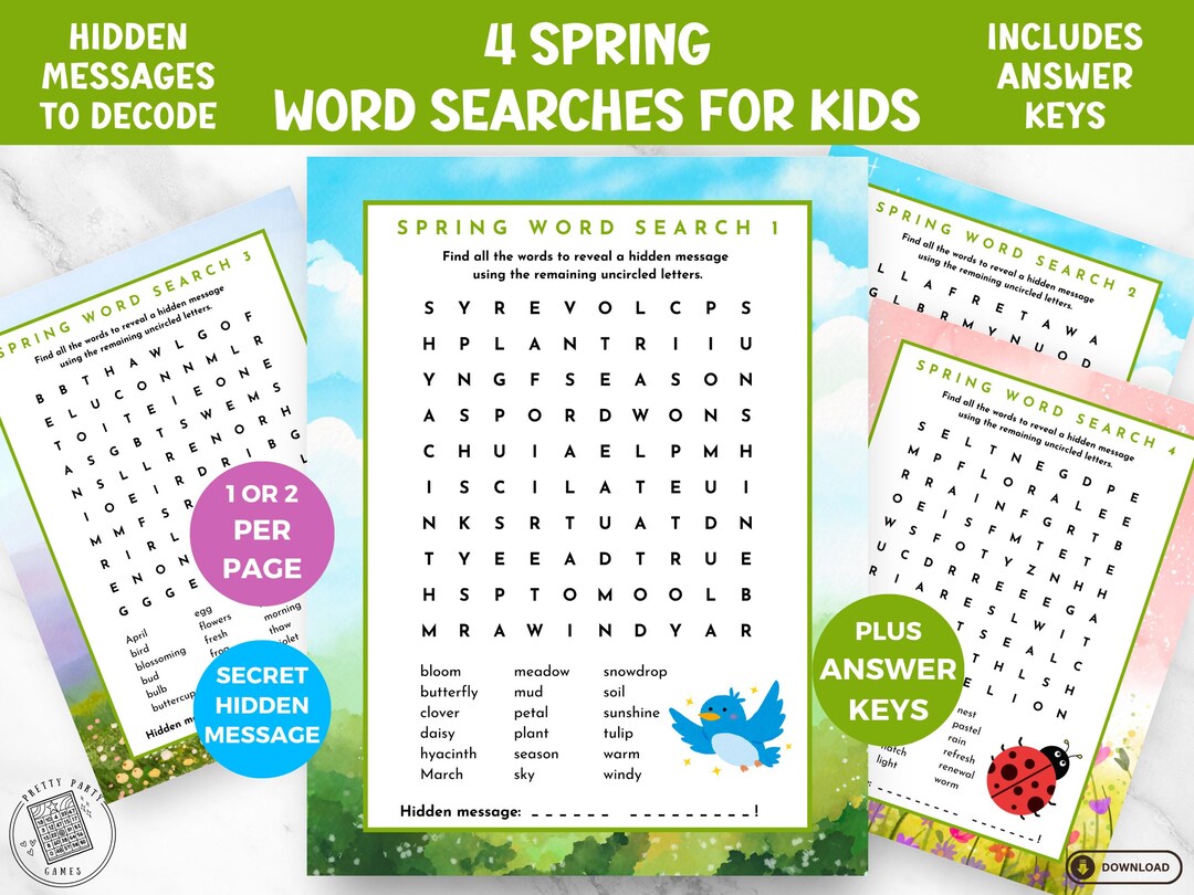 4 Printable Spring Word Search Puzzles for Kids, Unique Word Search for ...