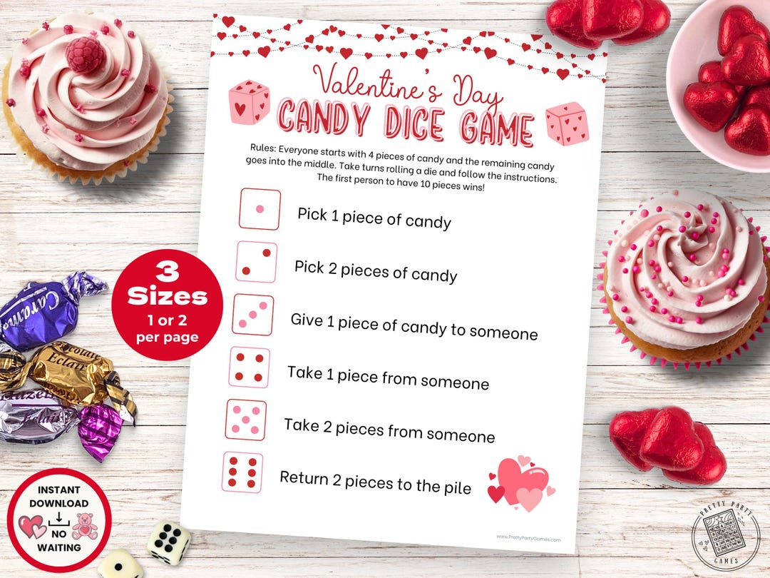 Valentine Candy Dice Game Printable, Valentine's Day Party Game for ...