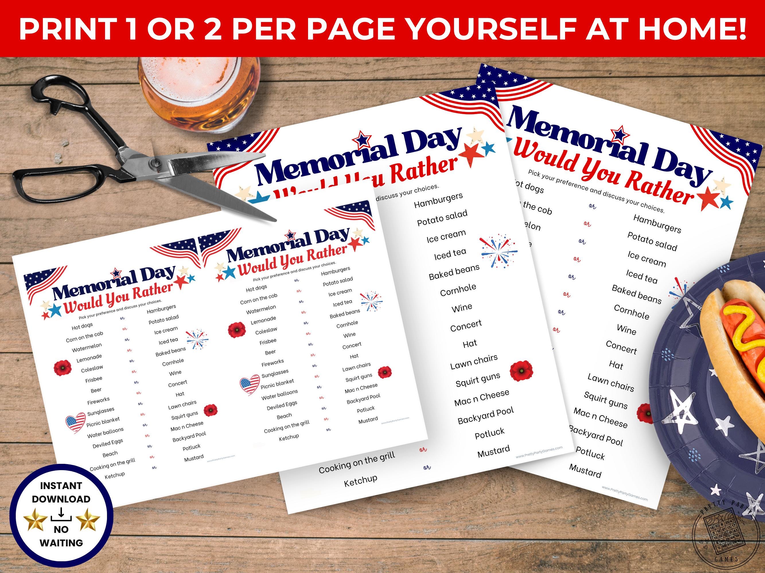Memorial Day Would You Rather Game, Printable Party Game for Groups ...