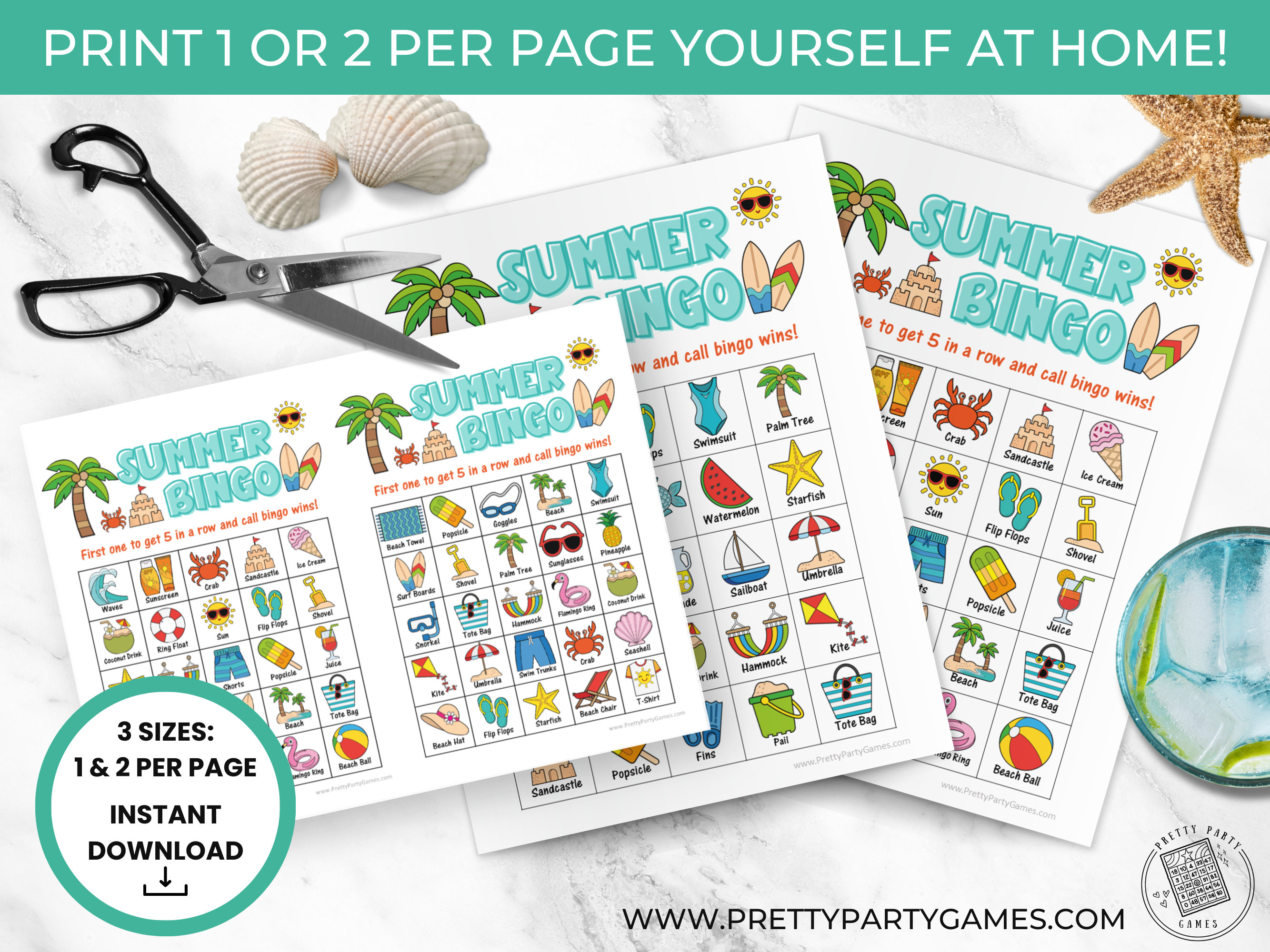50 Beach Party Bingo Cards, Pool Party Bingo Game Printable, Summer ...