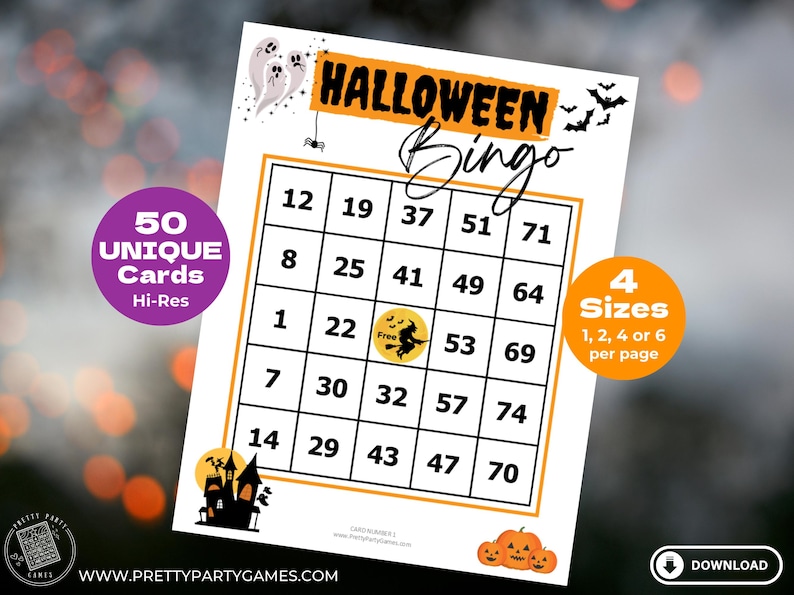 50 Halloween Themed Bingo Cards With Numbers, Printable Party Games ...