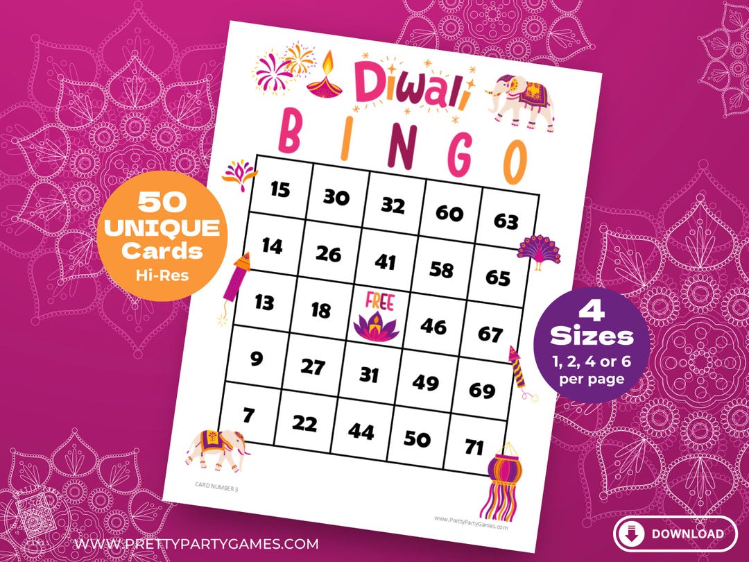 50 Diwali Themed Bingo Cards With Numbers, Printable Party Games, Cute ...