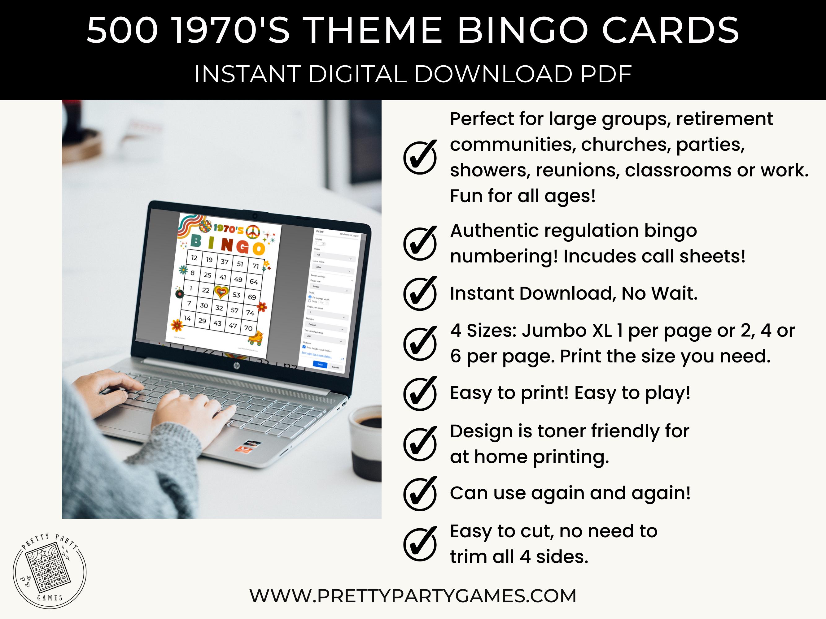 1970s Themed Bingo Cards, 500 Printable Bingo Cards With Numbers, 70s ...