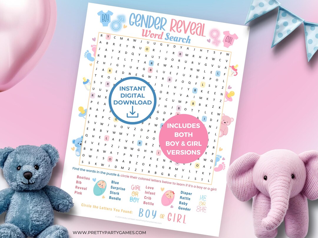 Gender Reveal Word Search Puzzle, Printable Gender Reveal Party Games, Baby Girl or Baby Boy ...