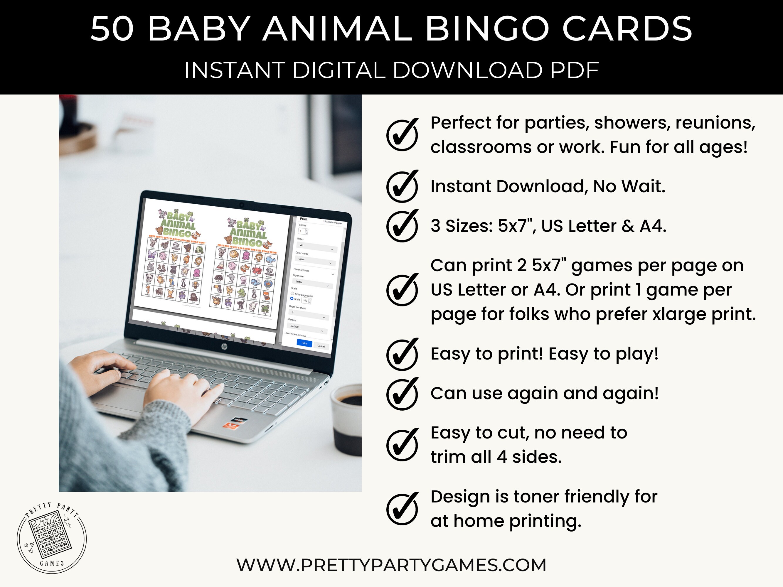 Cute Baby Zoo Animal Bingo Game, 50 Unique Bingo Cards for Kids, Fun ...