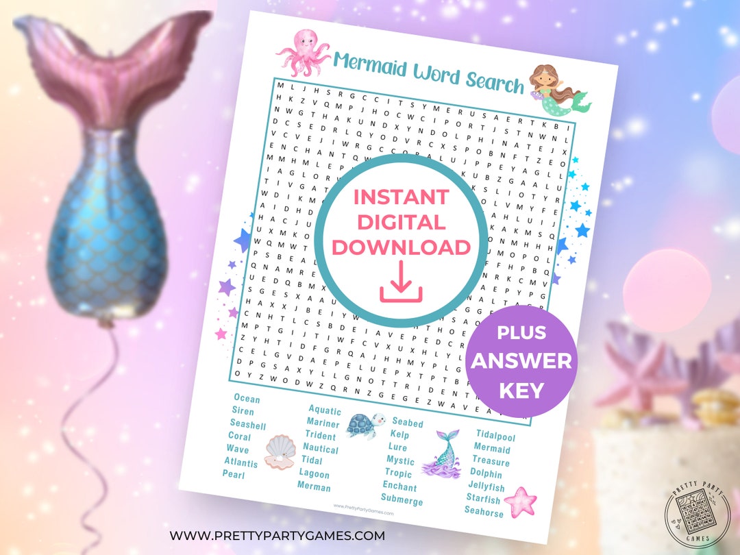 Mermaid Word Search Printable for Kids & Adults + Answer Key, Mermaid ...